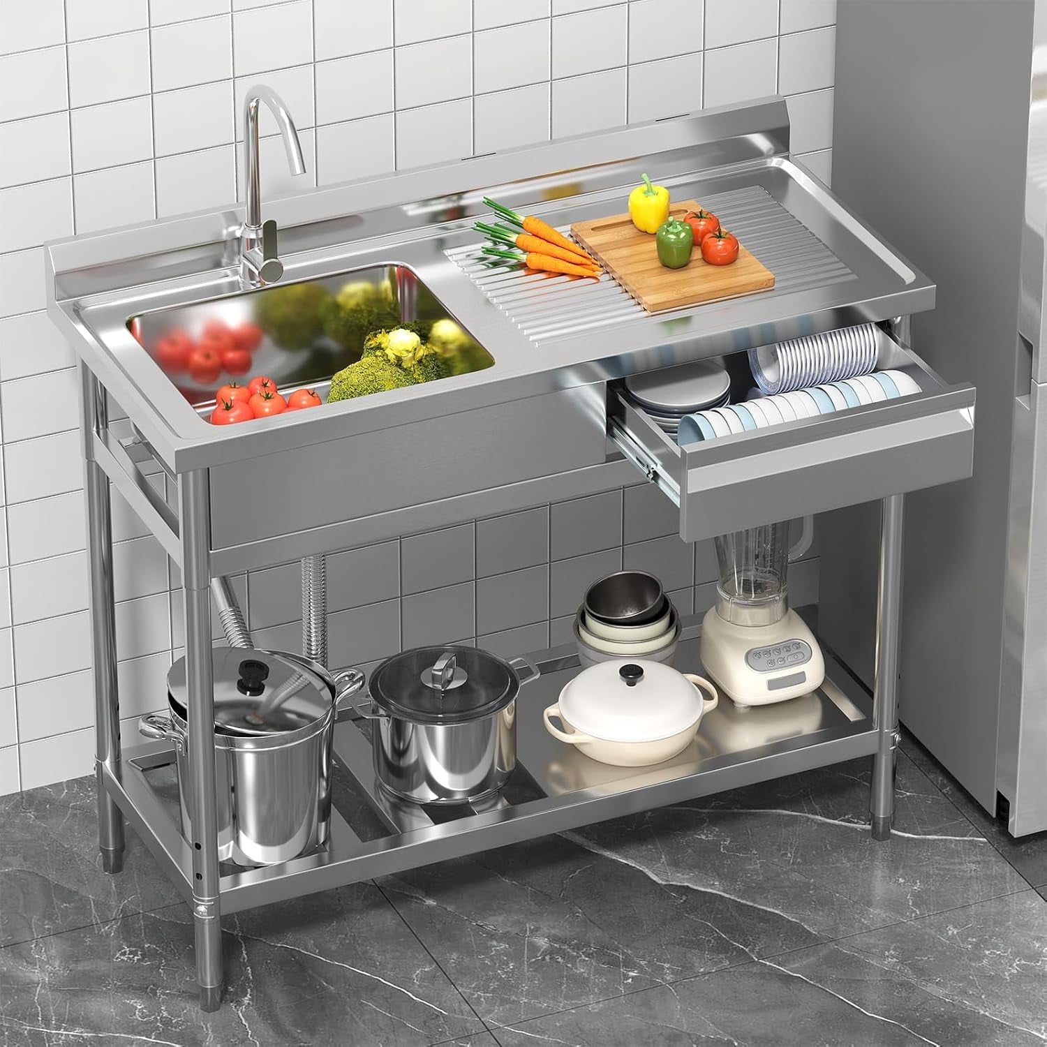 47" Utility Sink Freestanding Single Bowl Laundry Sink with Hot and ...
