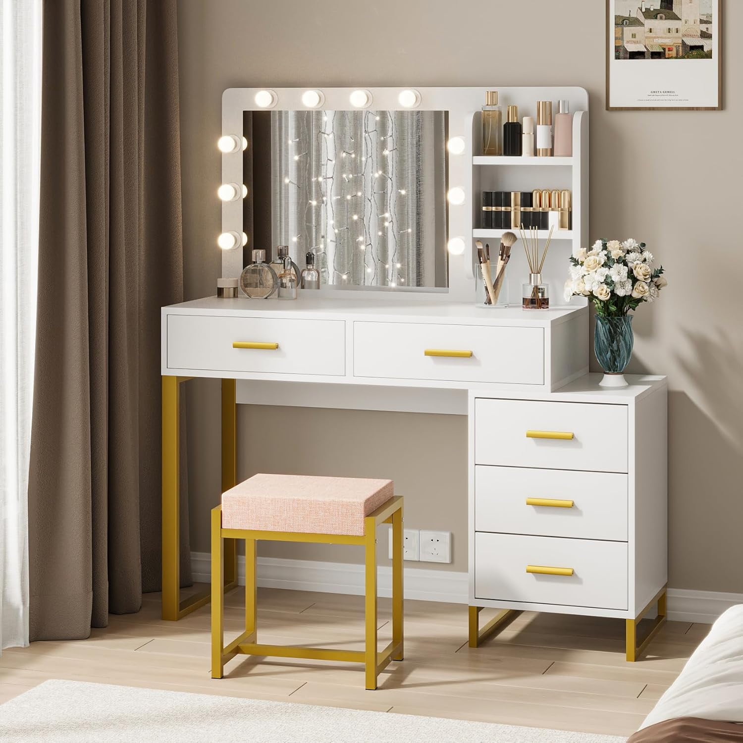 47" Vanity Desk with LED Lighted Mirror, Large Makeup Table with 5 ...