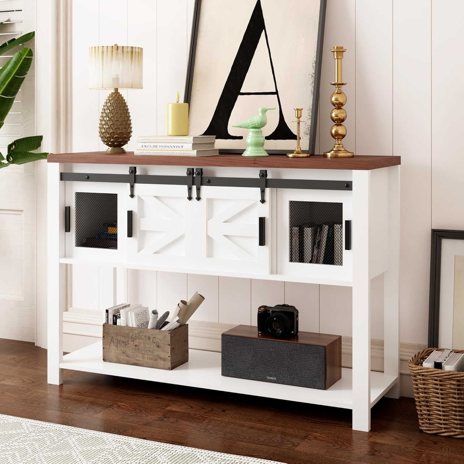 47"W Console Table Entryway Table with Sliding Barn Doors, Farmhouse ...