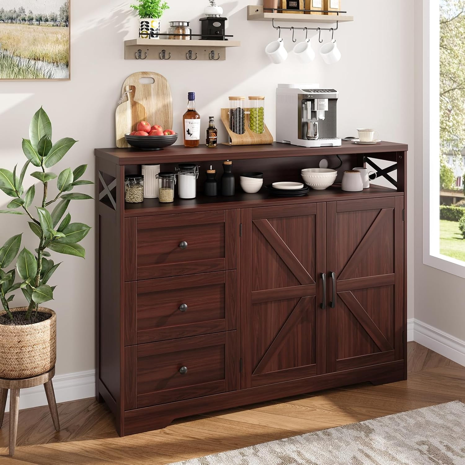47''W Farmhouse Buffet Sideboard with Charging Station and 3 Drawers ...