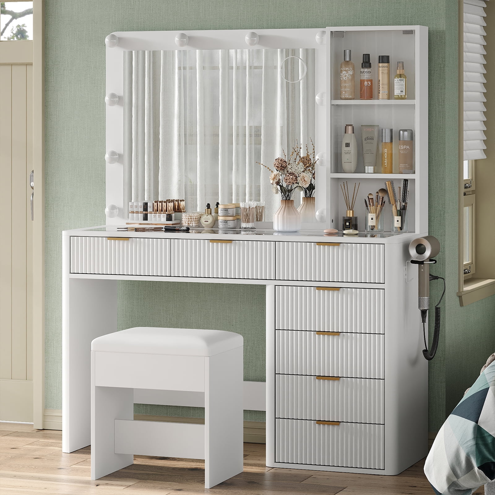 47'' W Fluted Vanity Desk, Makeup Vanity With Power Oultlet, 7 Drawers ...