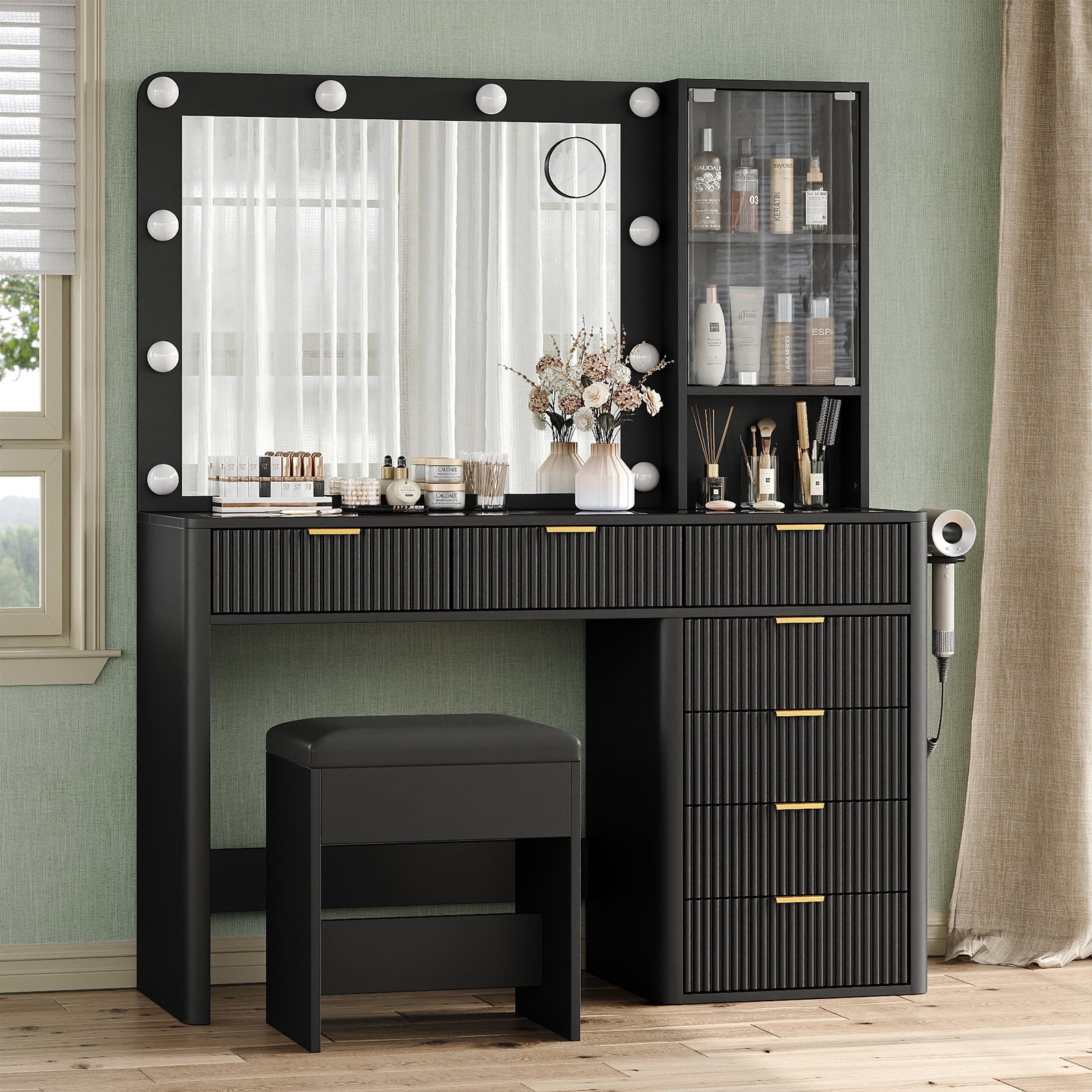 47'' W Fluted Vanity Desk, Makeup Vanity With Power Oultlet, 7 Drawers ...