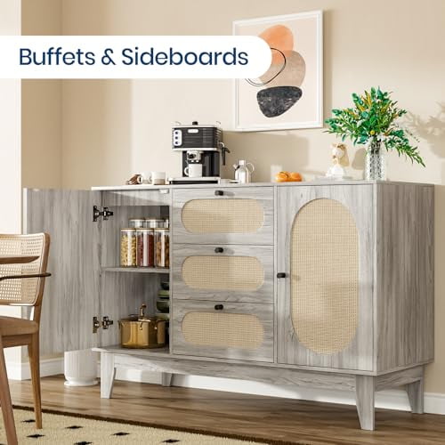 47''W Large Buffet Sideboard Cabinet with Charging Station, Rattan ...