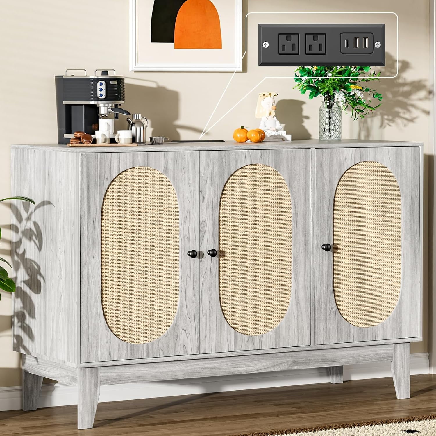 47''W Large Buffet Sideboard Cabinet with Charging Station, Rattan ...
