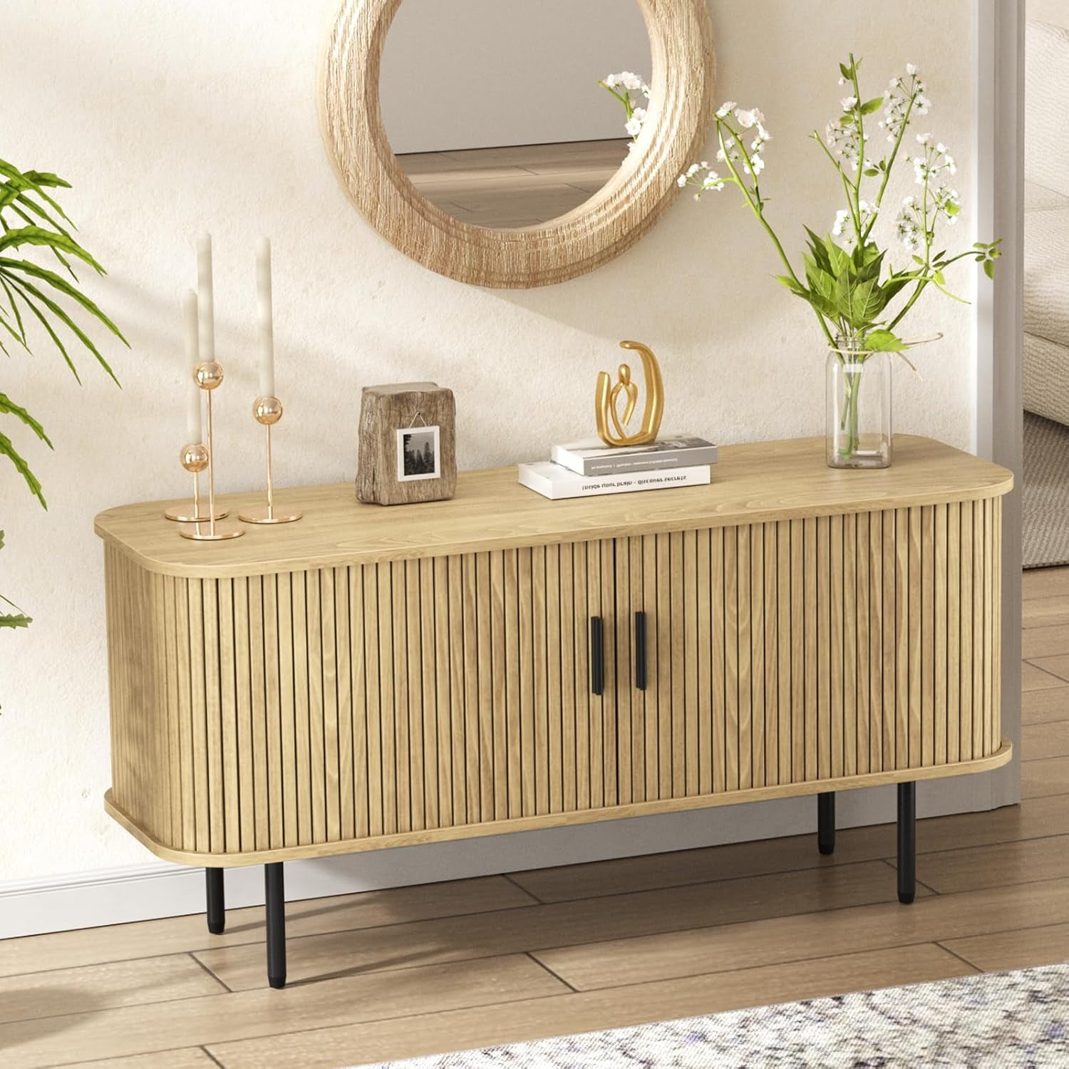 47''W Natural Storage Cabinet, Media Console, Tambour TV Stand; Sliding ...