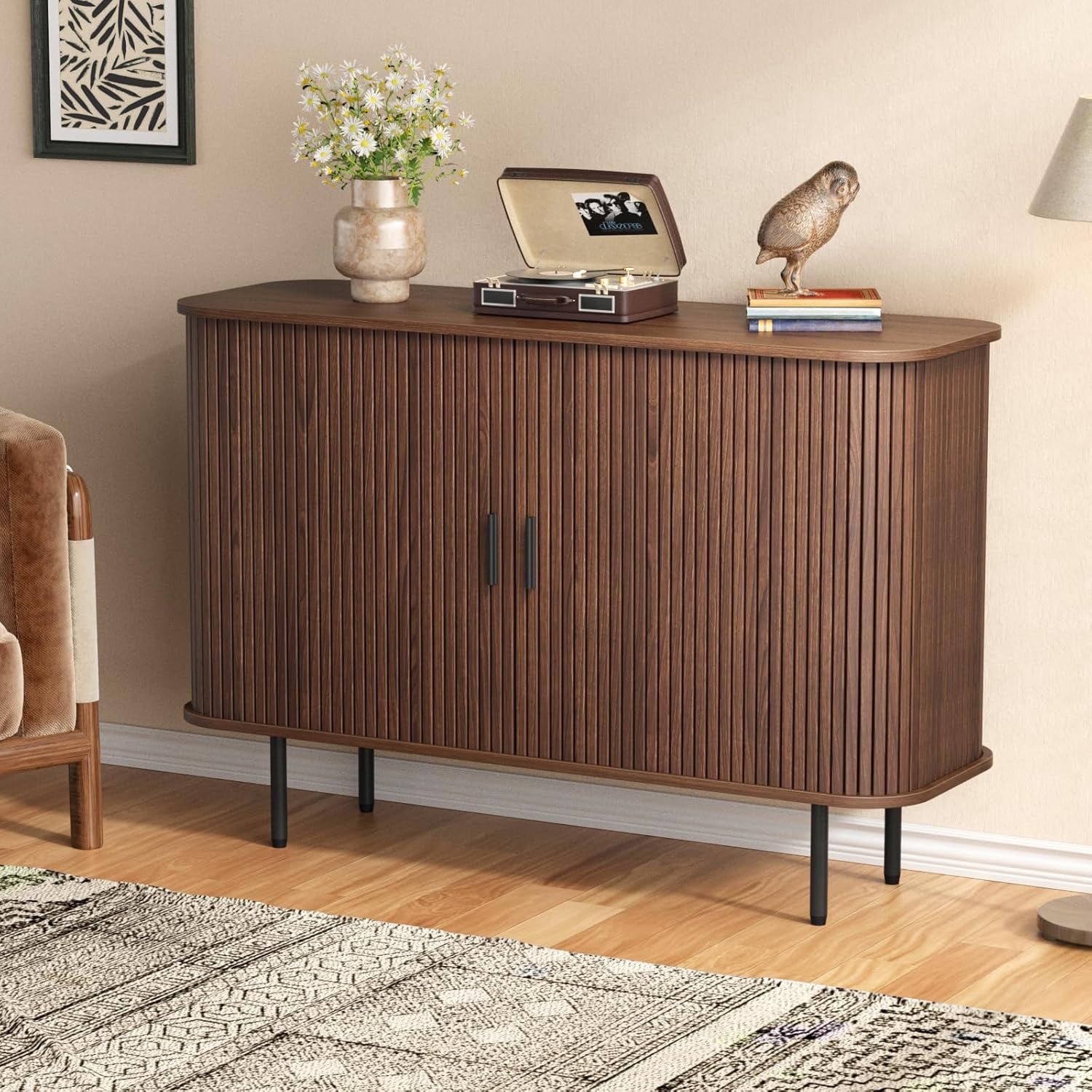47''W x 32''H Walnut Storage Cabinet, Fluted Sideboard Buffet Cabinet with Storage, Console ...