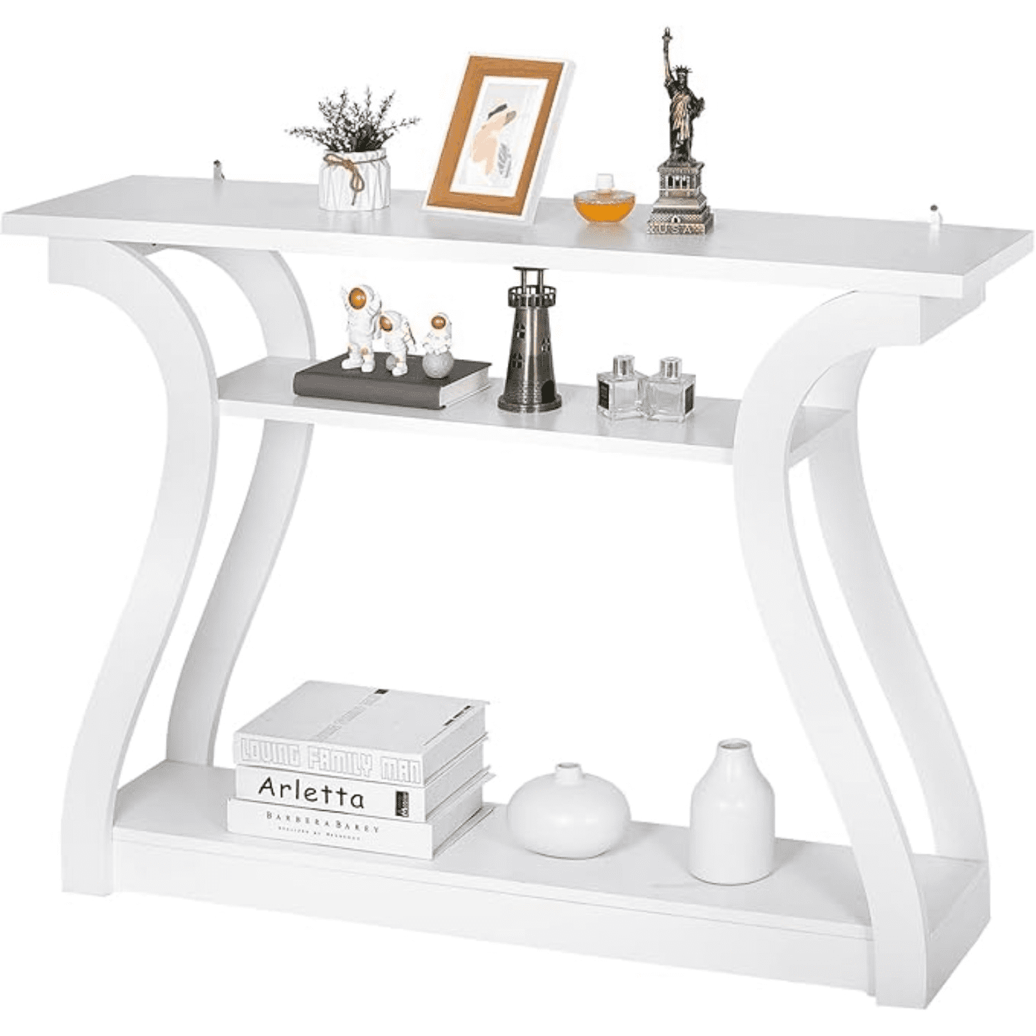 47" White Wood Console Table, Curved Legs/3-Tier Shelf, Easy Assembly ...