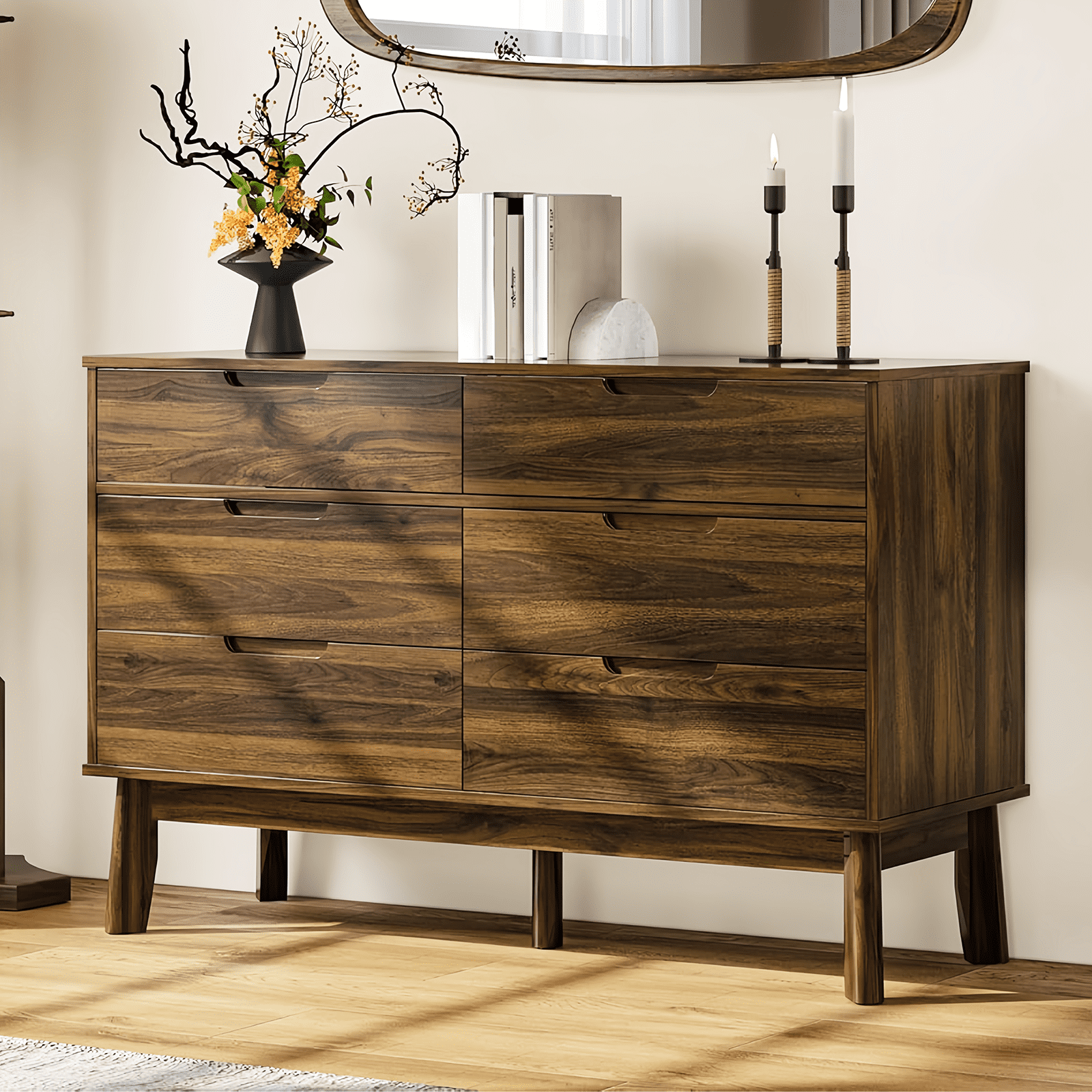 47" Wide 6 Drawer Dresser, Mid-Century Modern Double Dresser for ...