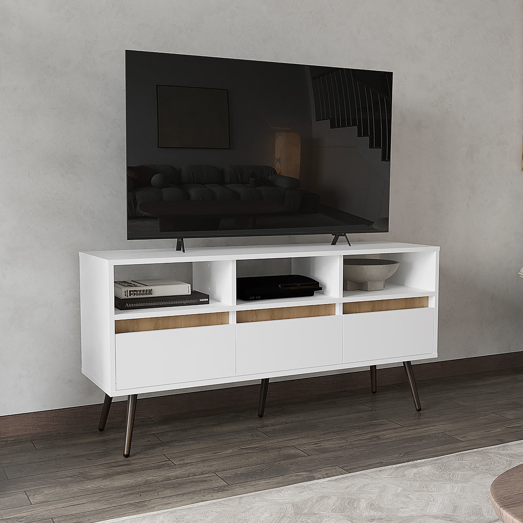 47" Wide TV Furniture | Ample Drawer Storage | Open Shelves for Neat ...