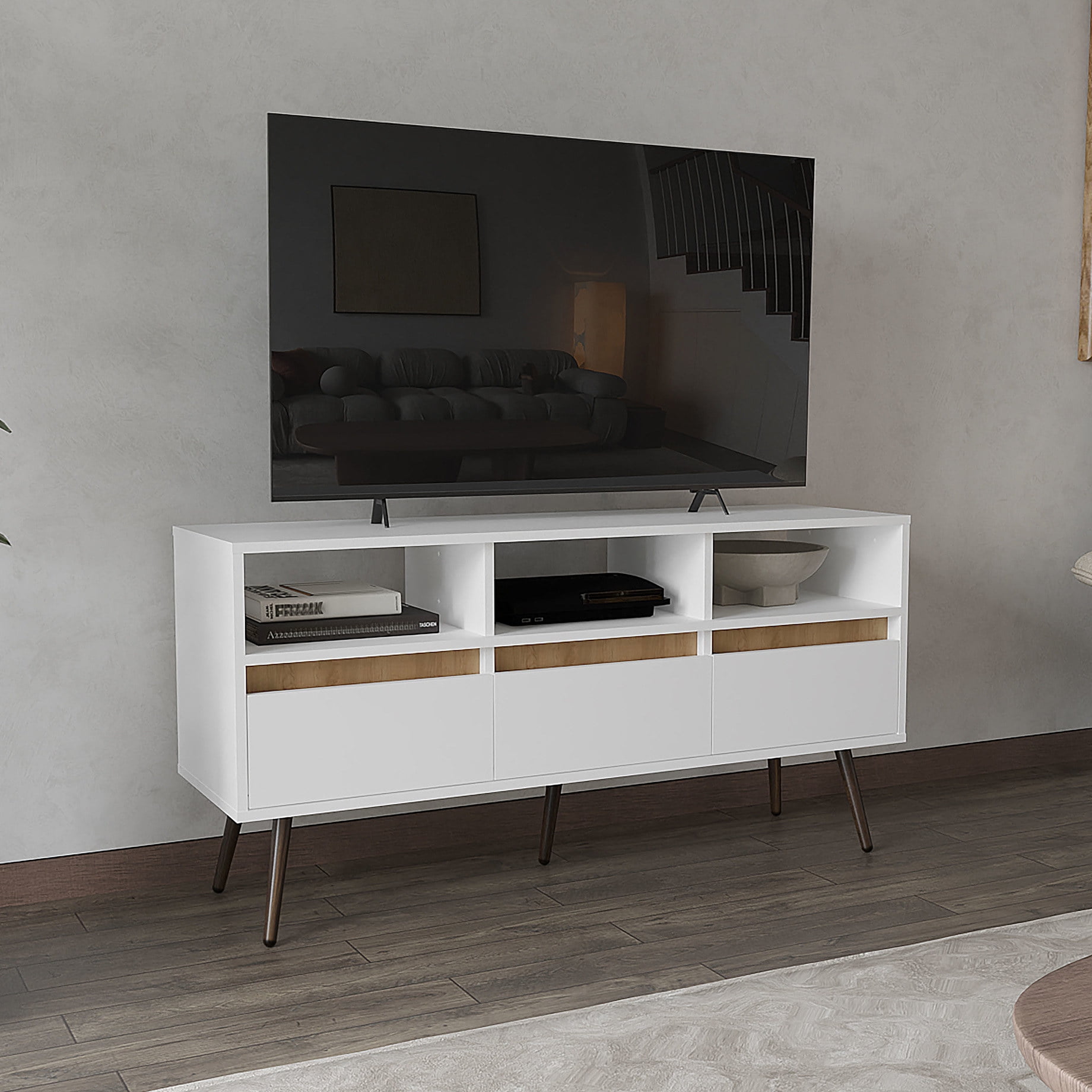 47" Wide TV Stand, 3 Open Shelves with Open - Back Design for Cable ...