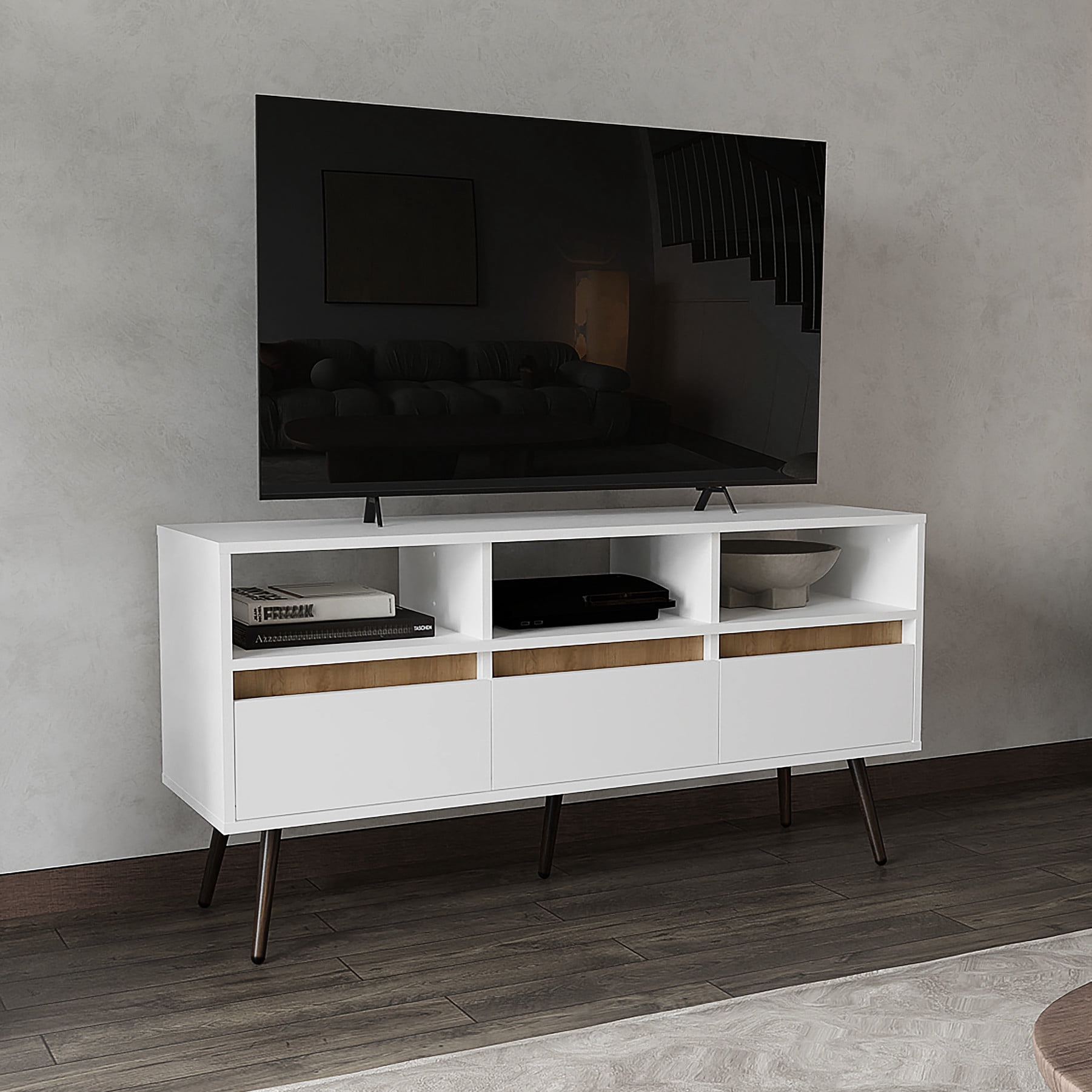 47" Wide Tv Stand For Entertainment Centers, Three Drawers & Shelves ...