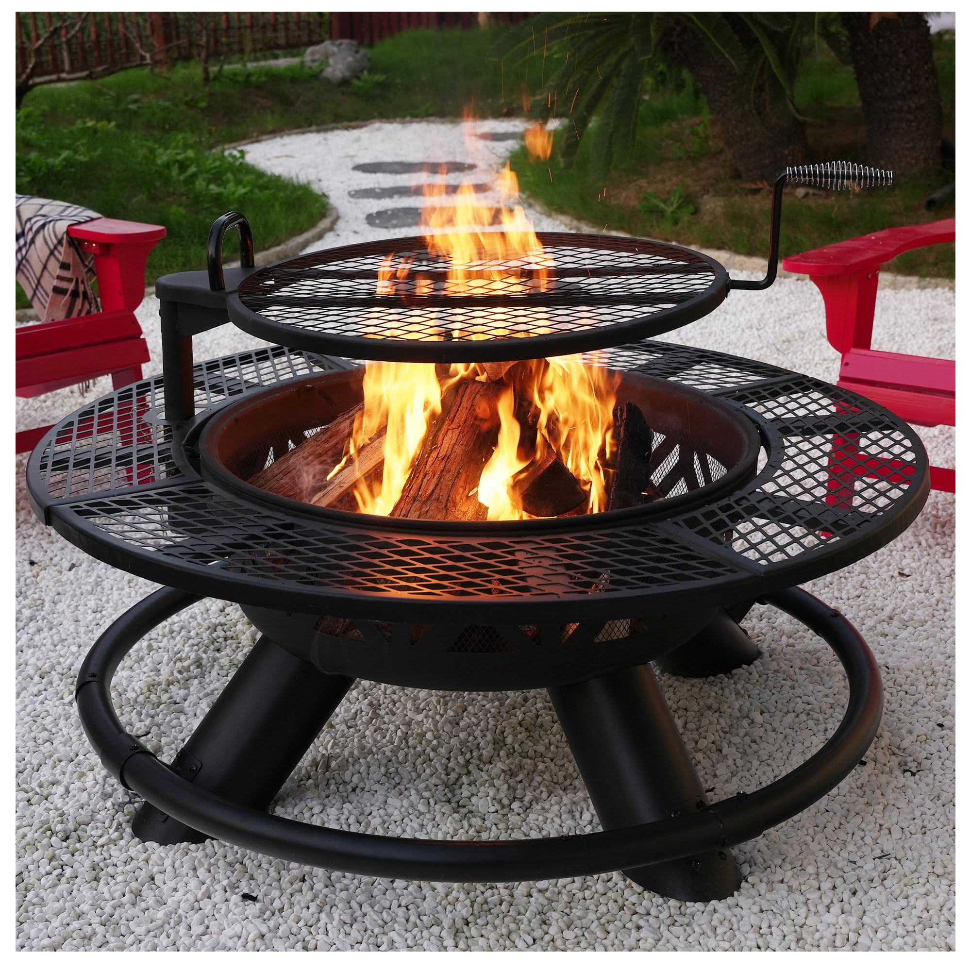 47" Wood Burning Fire Pit with Rotating Grill, 2-in-1 Outdoor Fireplace ...