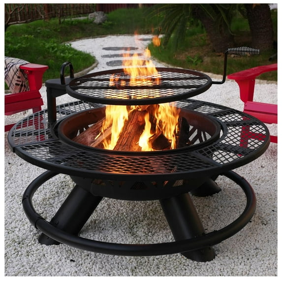 47" Wood Burning Fire Pit with Rotating Grill, 2-in-1 Outdoor Fireplace ...