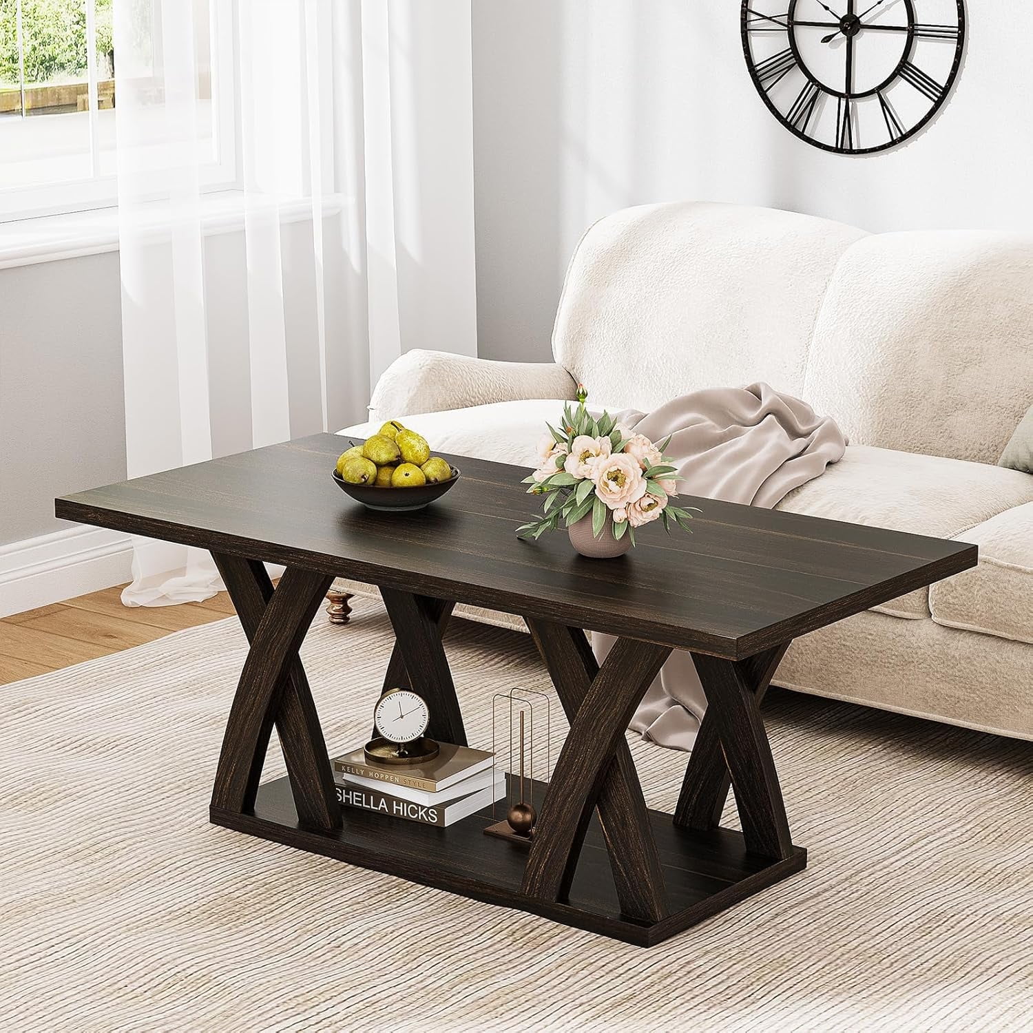 47” Wood Coffee Tables for Living Room. Rustic Stands with Storage Shel ...