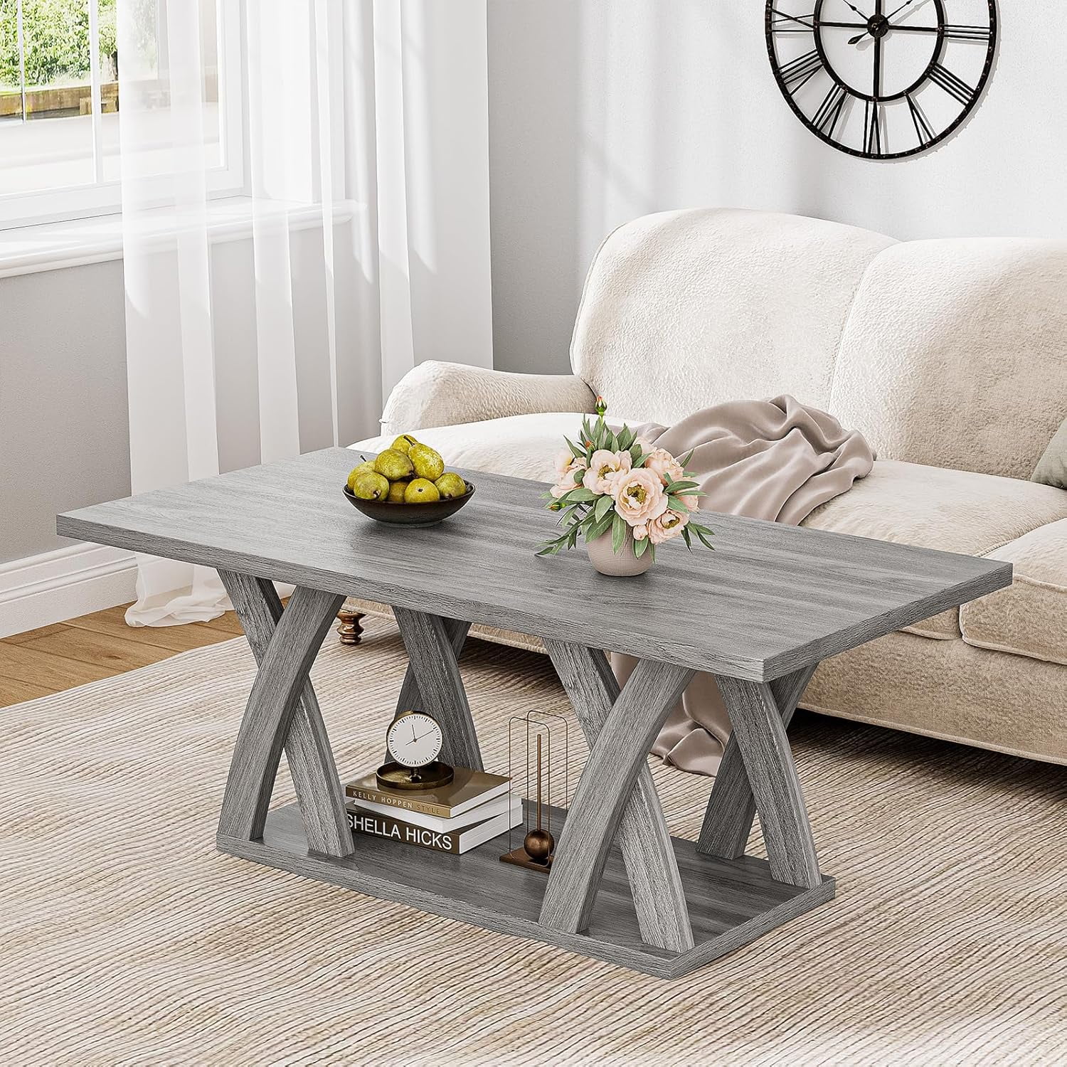 47” Wood Coffee Tables for Living Room. Rustic Stands with Storage Shel ...