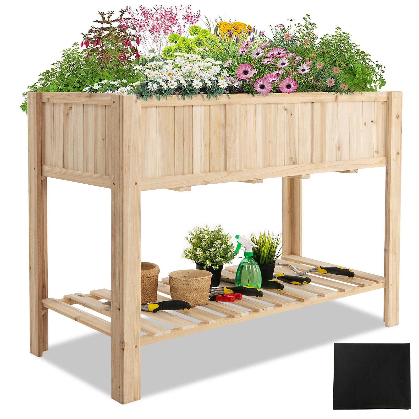 47" Wooden Raised Garden Bed w/Bottom Shelf & Bed Liner Outdoor ...