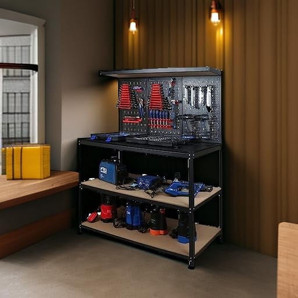 47”Workbench, Heavy-Duty Steel Tool Workbench with Pegboard Shelves ...