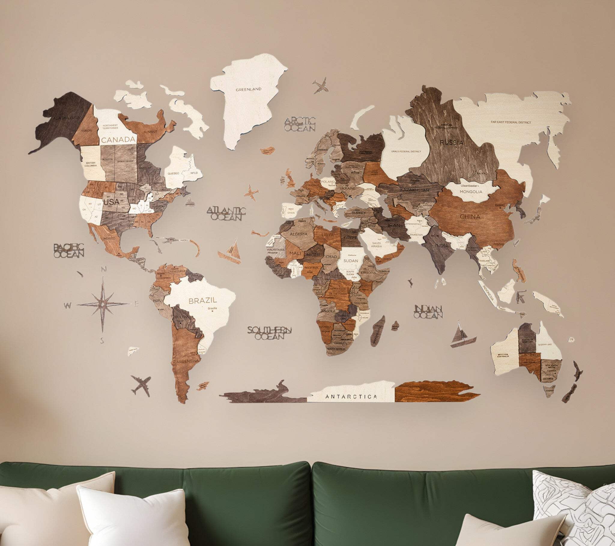 47" X 79" Brown and Beige Wood World Map Hanging Dimensional Sculpture ...