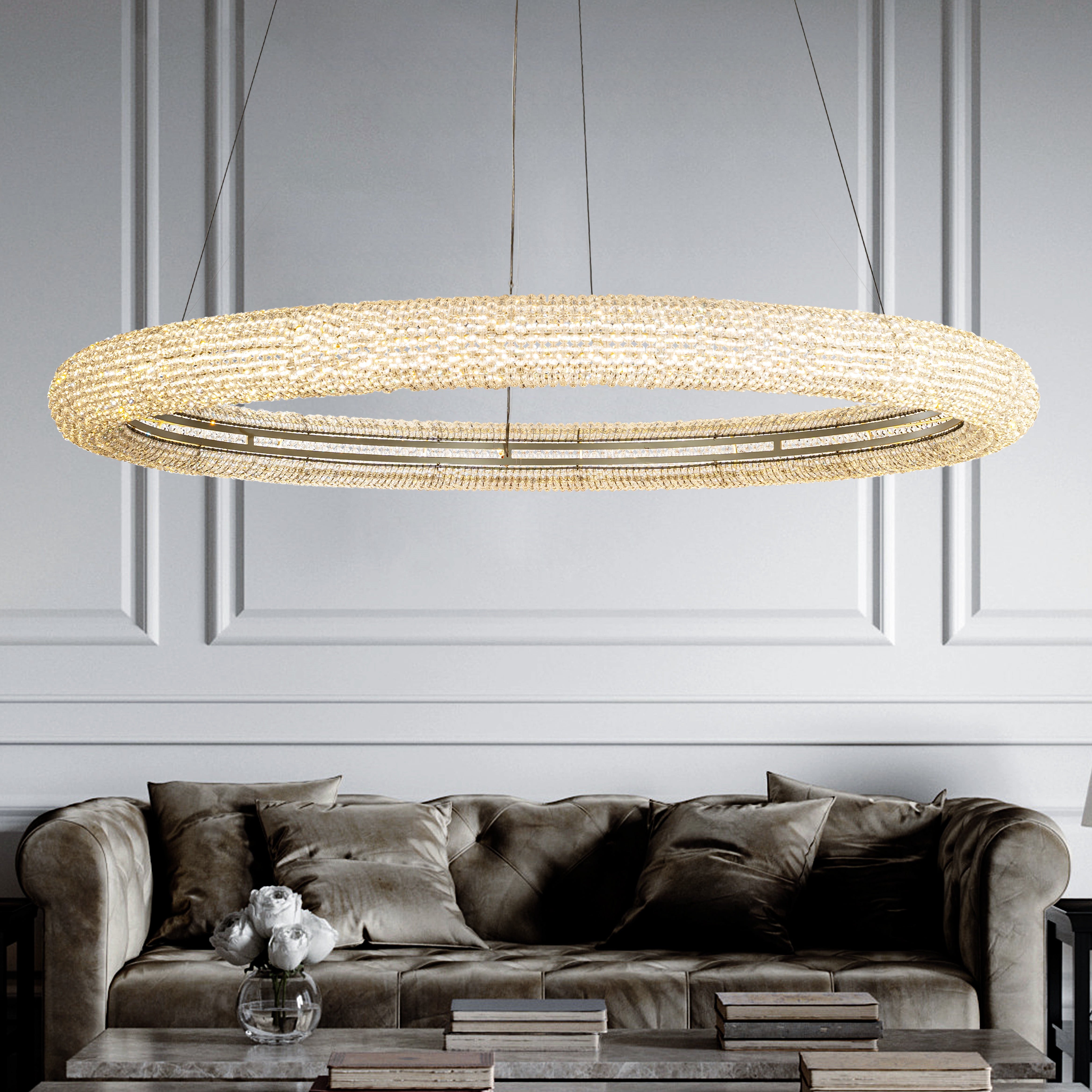 47 in. Modern Luxury LED Ring Chandelier Wagon Wheel in Silver with ...