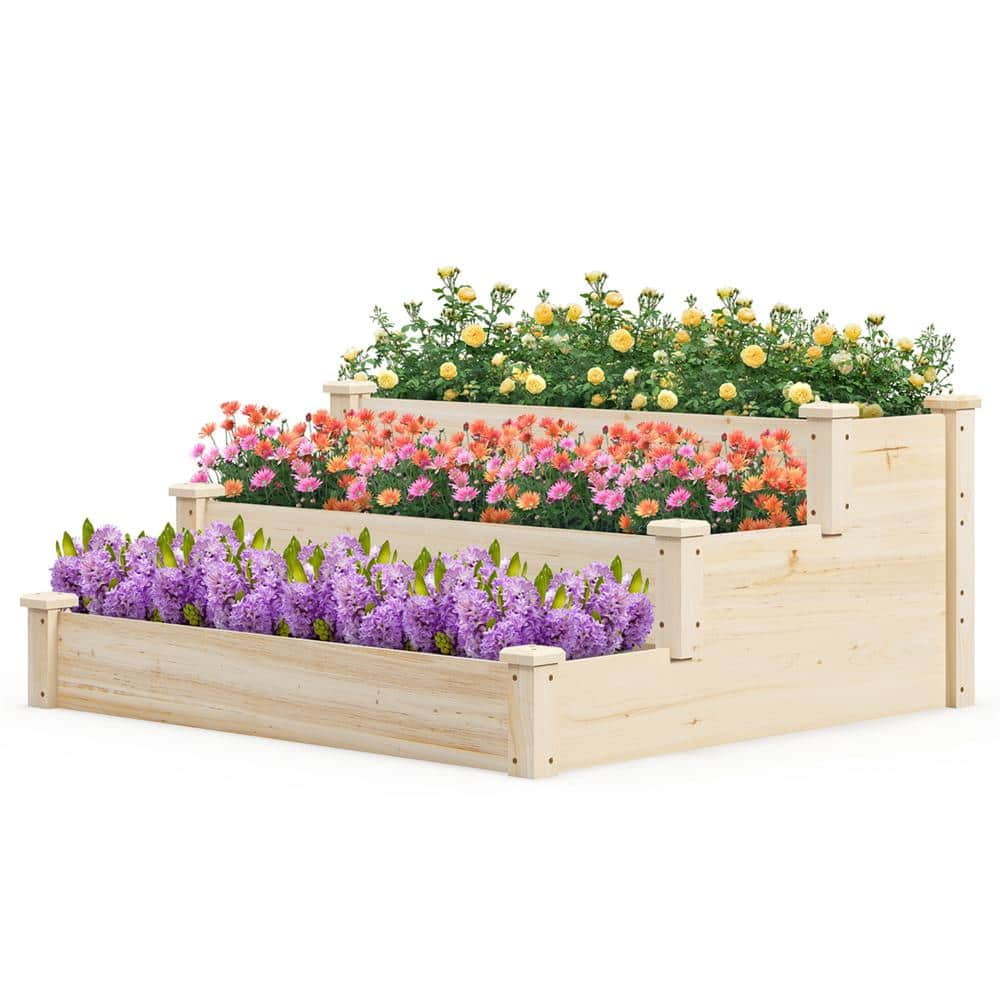 47 in. Natural Wood 3-Tier ladder-shaped Outdoor Raised Garden Bed with ...