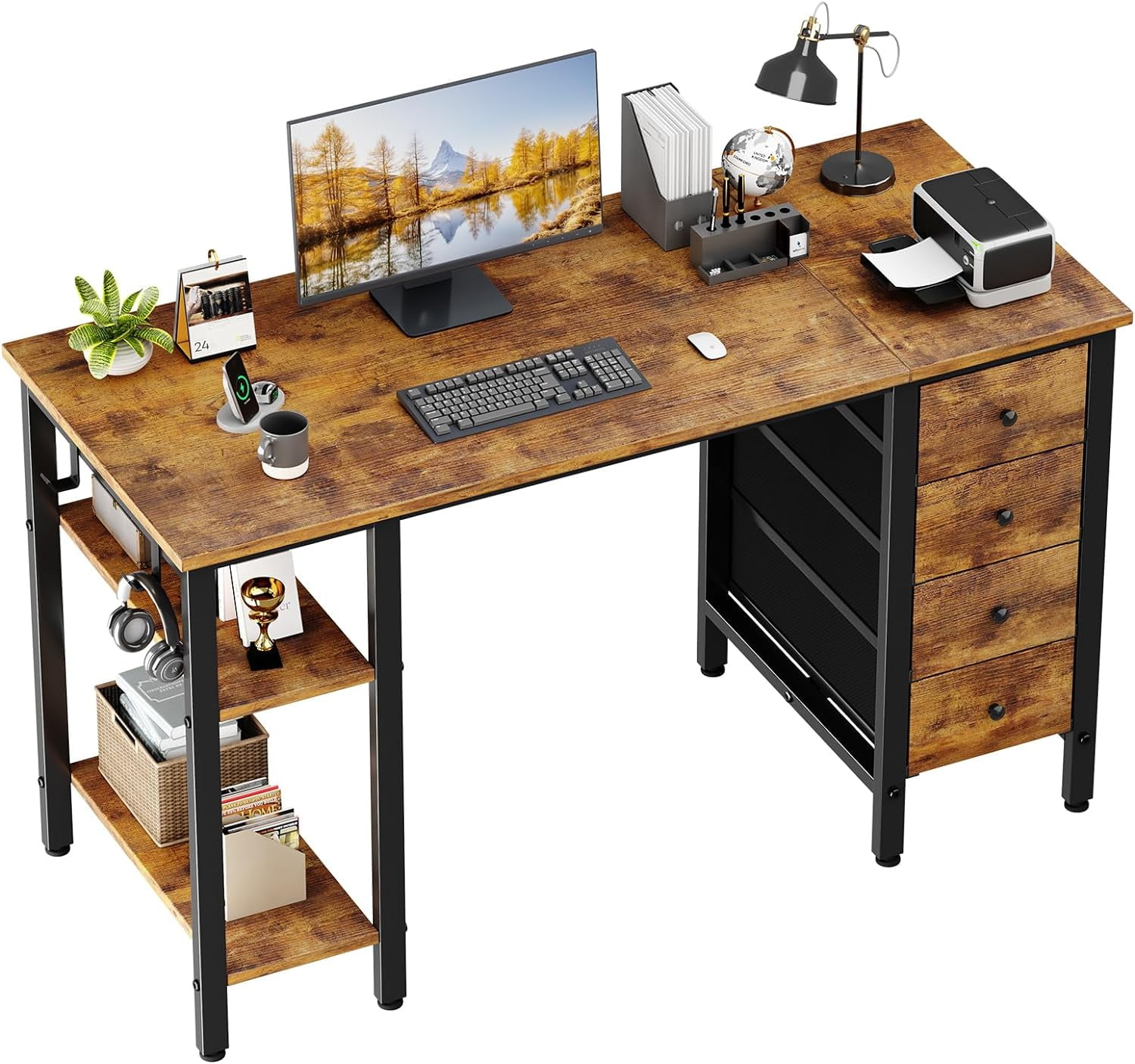 47 inch Computer Desk with 4 Drawers & Storage Shelves, Writing Work ...