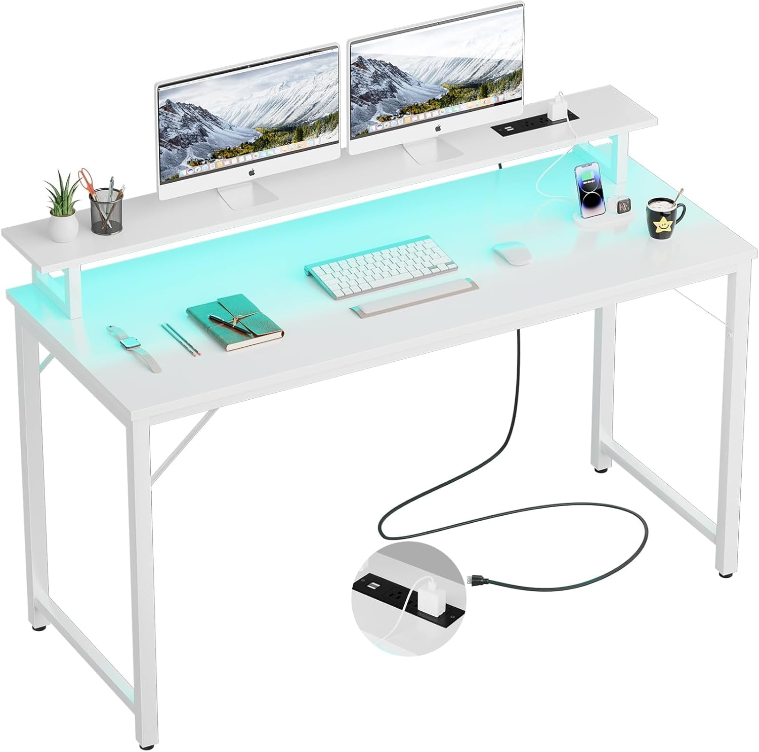 47 inch Computer Desk with Power Outlets, Gaming Desk with LED Lights ...