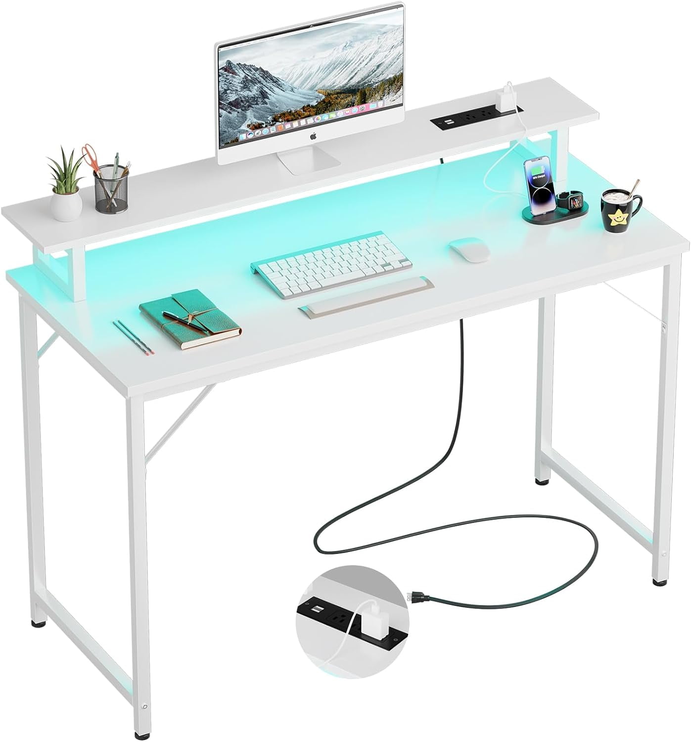 47 inch Computer Desk with Power Outlets, Gaming Desk with LED Lights ...