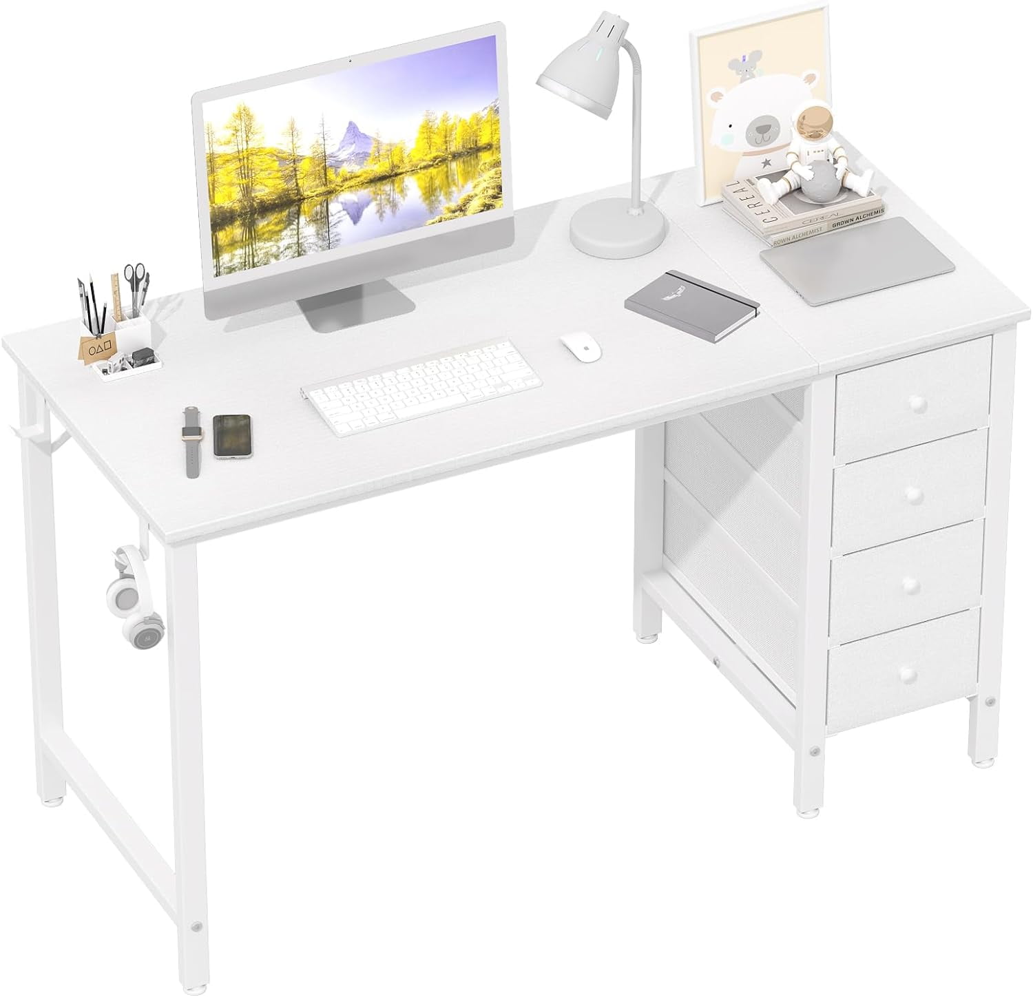 47 inch Computer Desk with 4 Fabric Drawers, Writing Work Study Desk ...