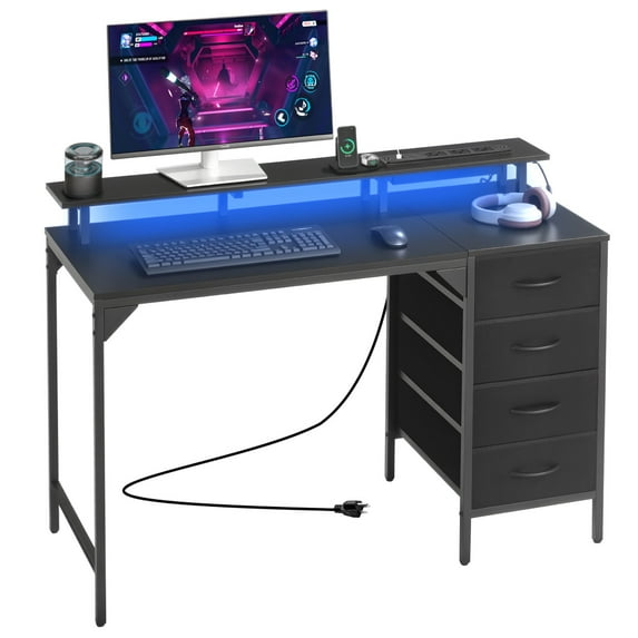 47 inch Computer Desk with Smart LED Lights Power Outlets 4 Large ...