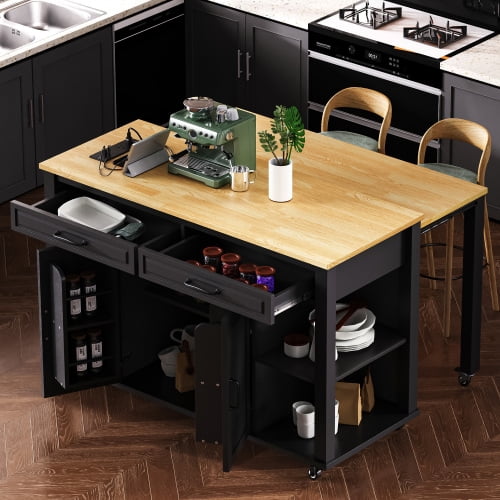 47 inch Kitchen Island with Extendable Dining Table, Rubber Wood Veneer ...