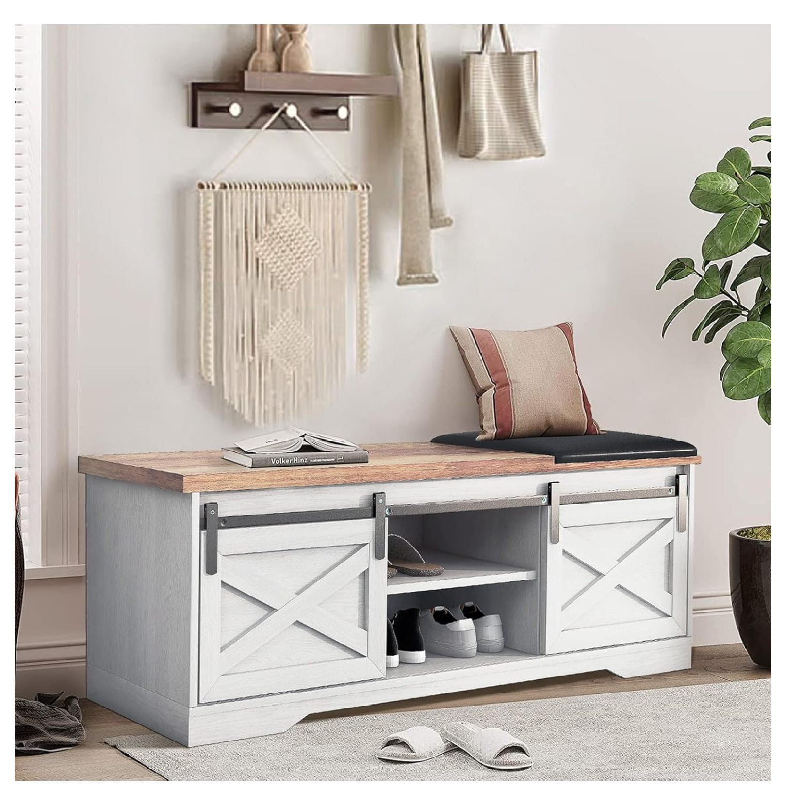 47 inch Modern White Shoes Bench with Double Sliding Barn Door ...