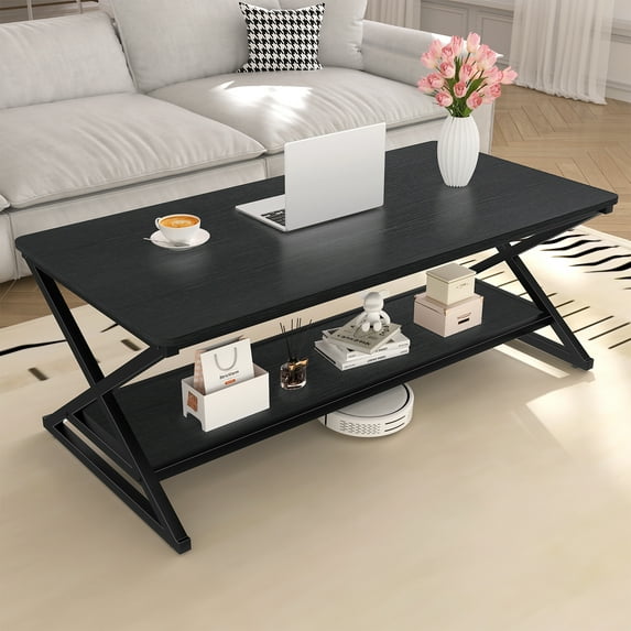 47 inch Rectangle Coffee Table for Living Room, Black 2-Tier Wooden ...