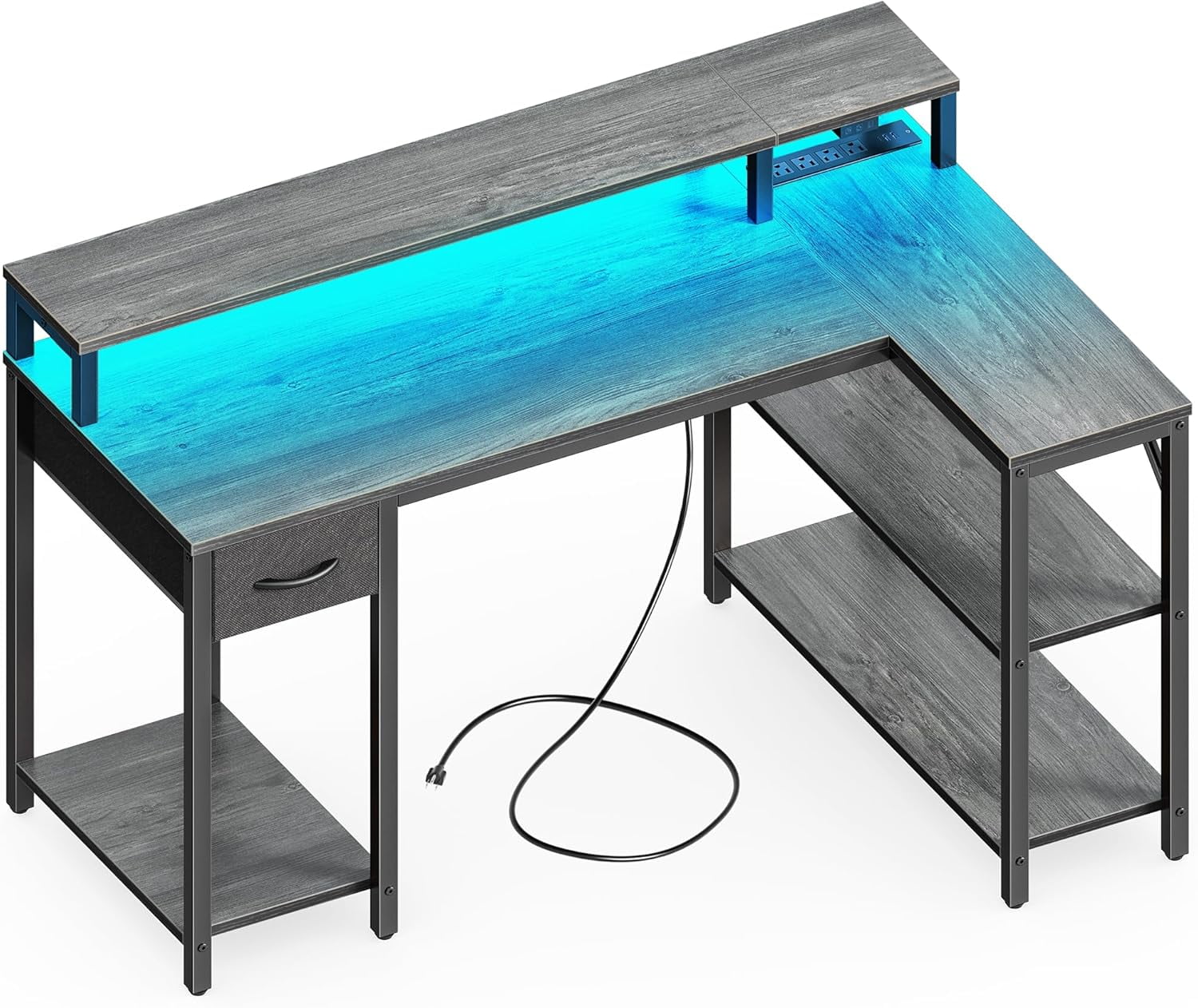 47 inch Reversible L Shaped Desk with LED Lights & Power Outlets ...
