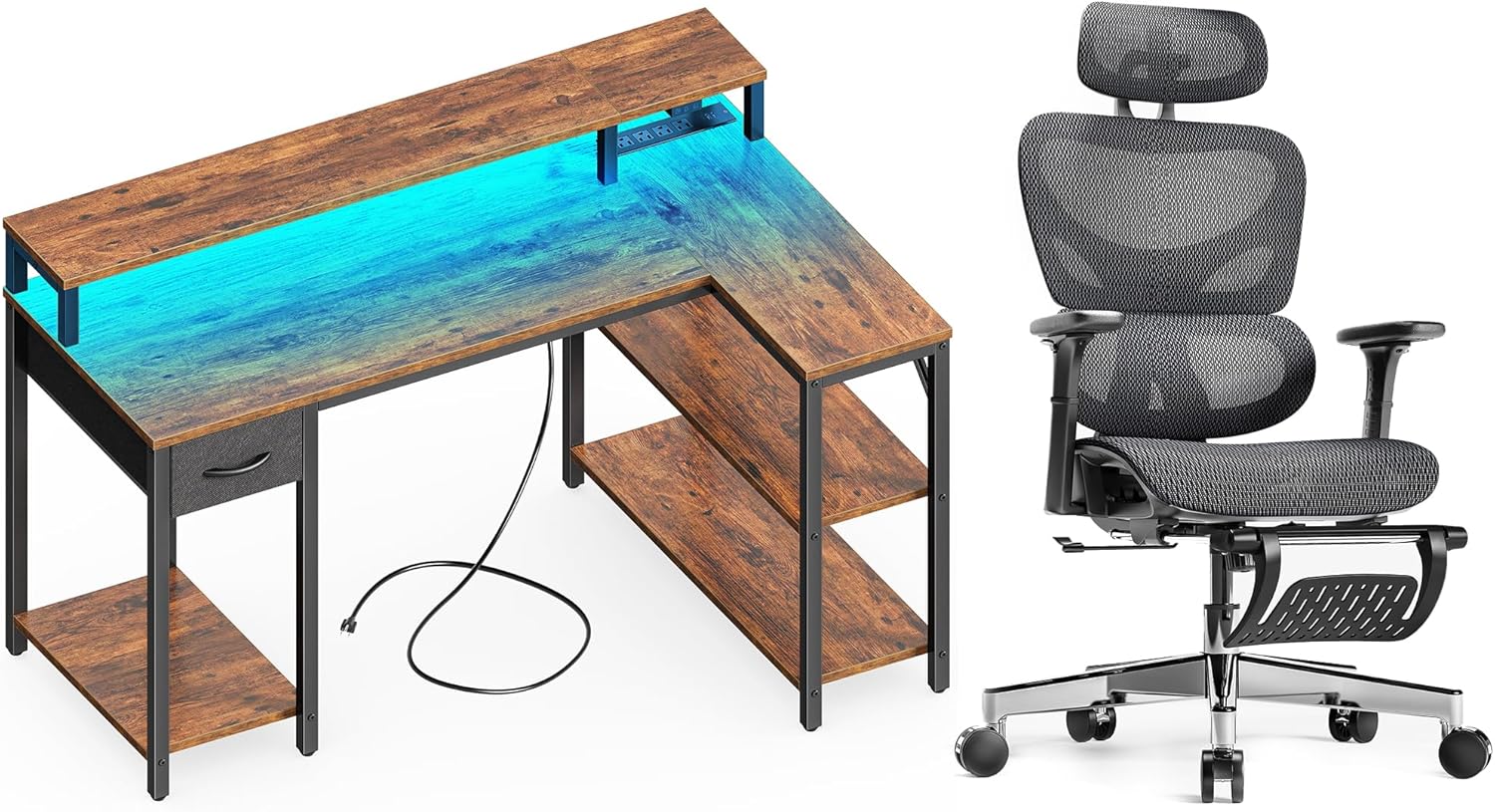 47 inch Reversible L Shaped Desk with LED Lights & Power Outlets and ...