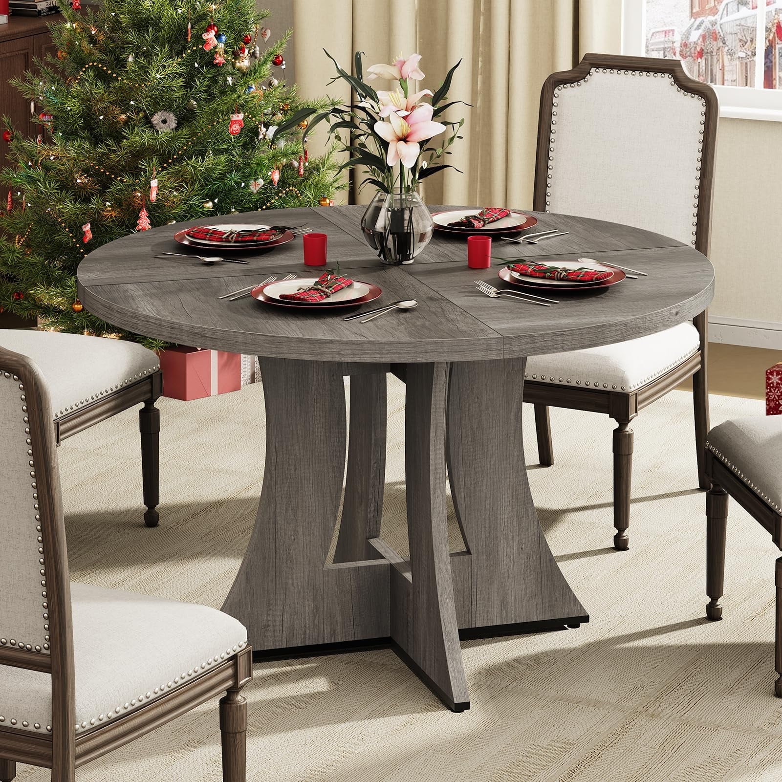 47” Round Dining Table for 4-6, Farmhouse Kitchen Table w/Waterproof ...