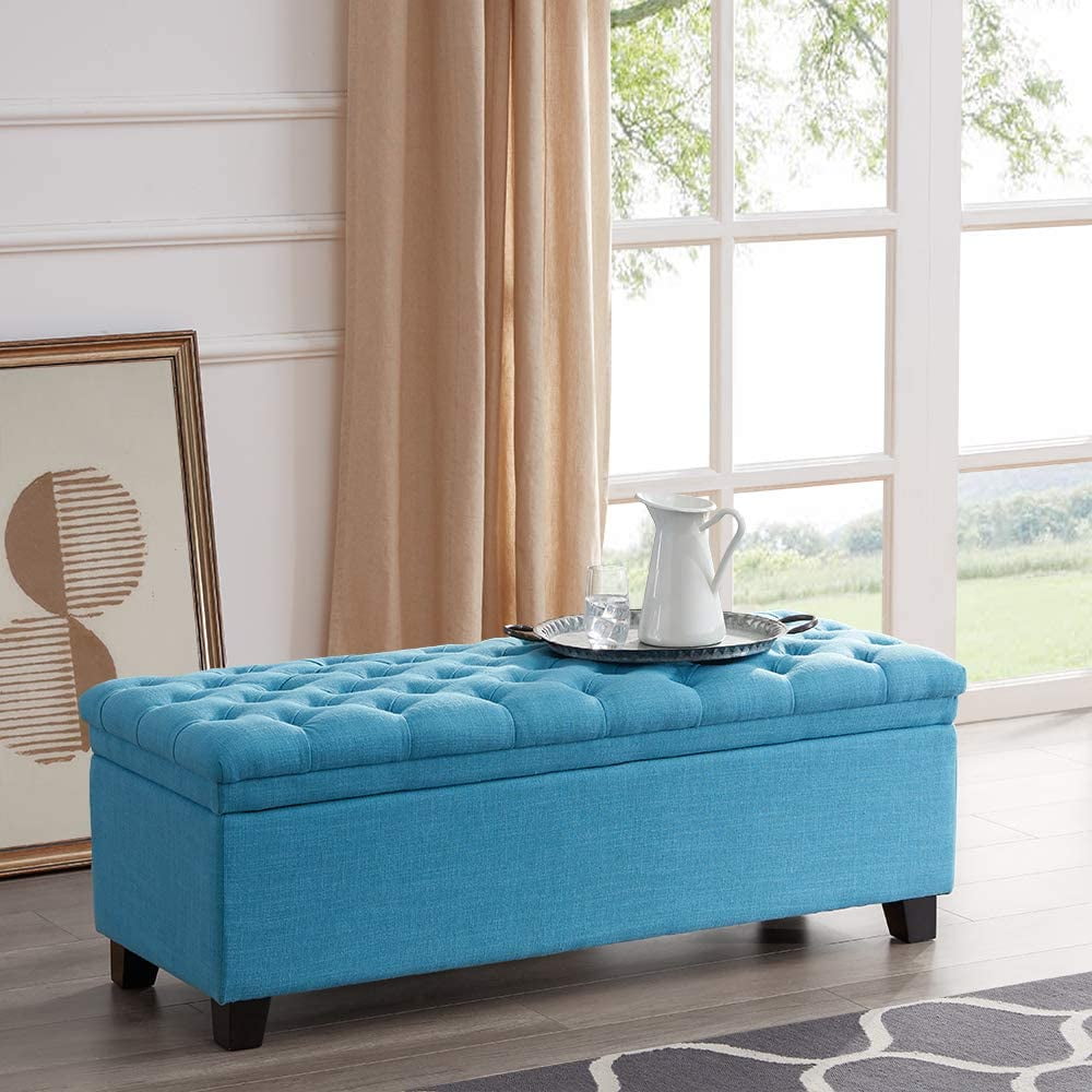 47 Inch Mid Century Modern Storage Ottoman, Rectangular Lift Top Button ...