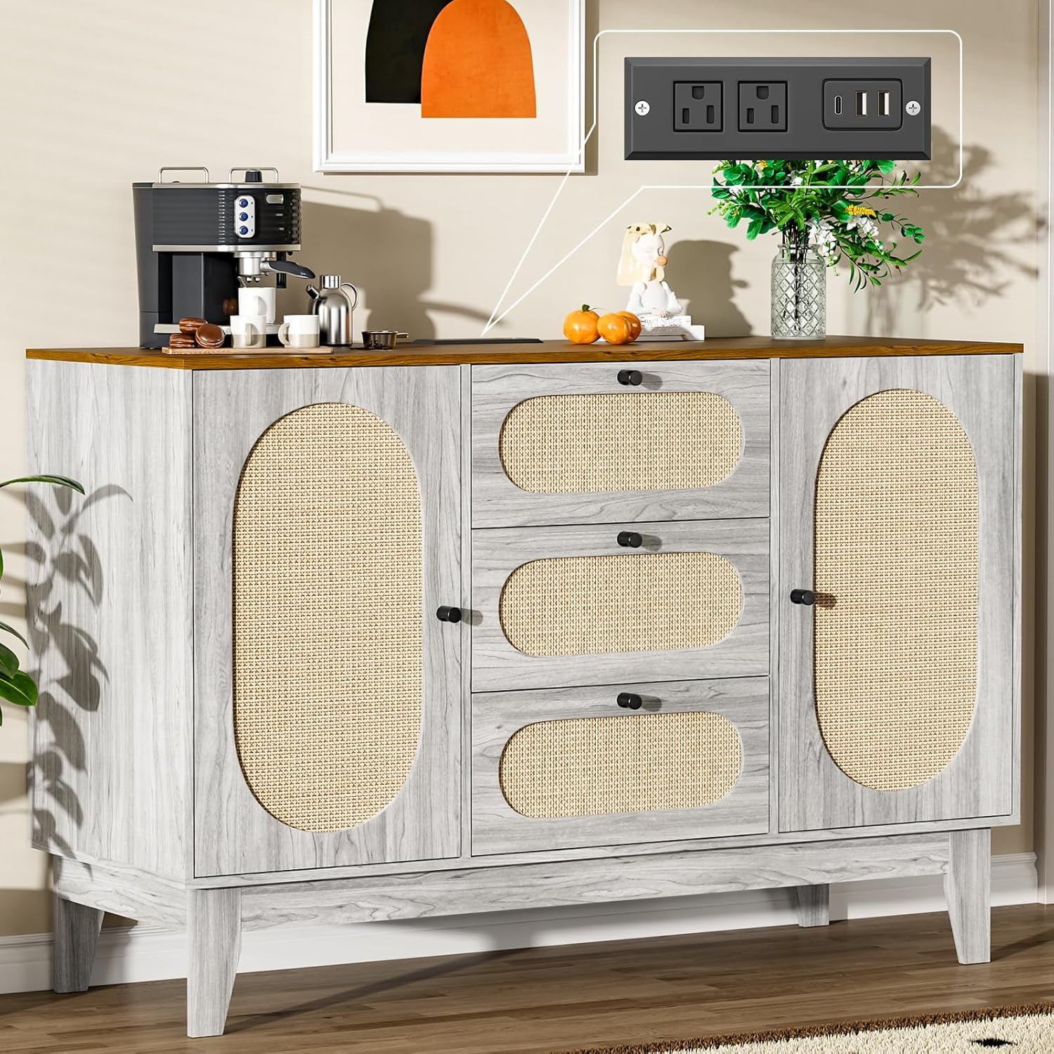 47''W Large Buffet Sideboard Cabinet with Charging Station, Rattan ...