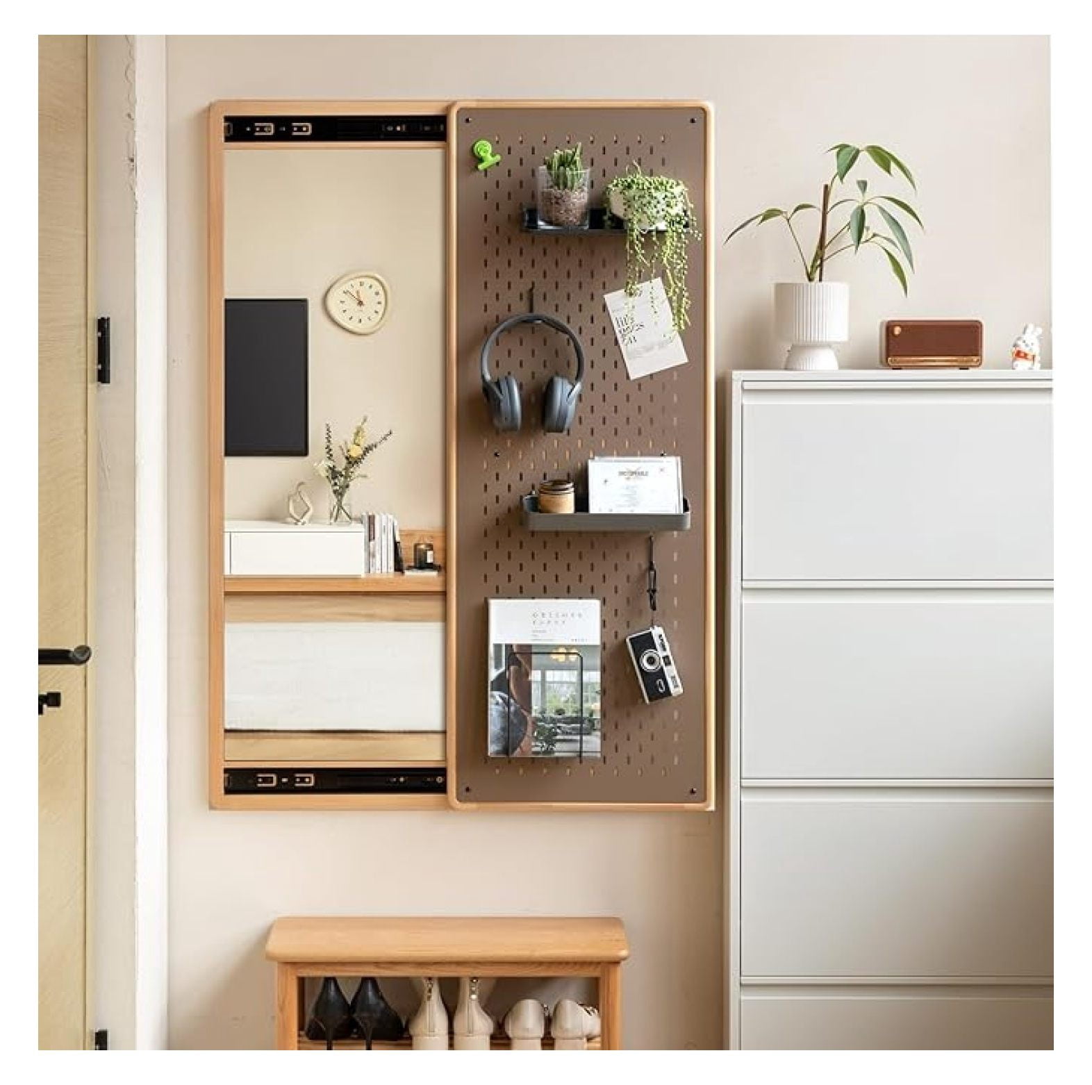 47″x33″ Full Length Mirror with Storage, Solid Beech Wood Wall Mirror ...