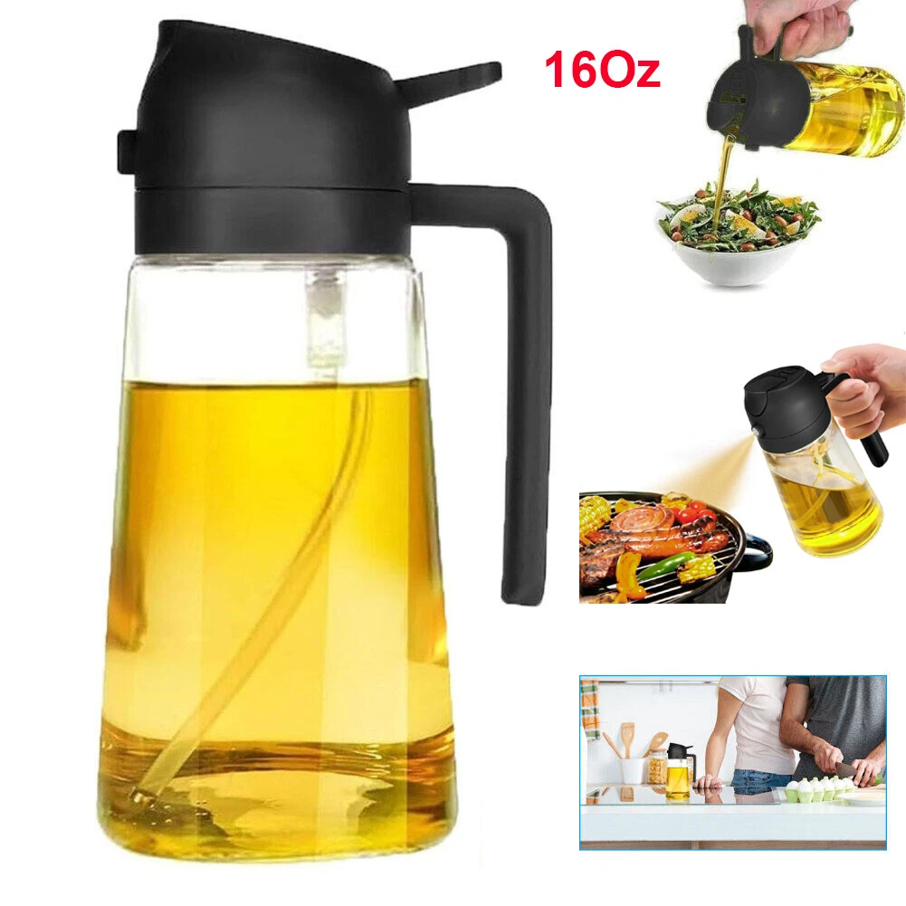 470Ml Glass Olive Oil Dispenser Bottle & Oil Sprayer 2 In 1 Kitchen ...
