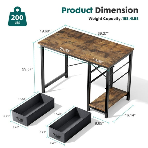 47IN Computer Desk with 2 Drawers For Study Office Gaming Wood Table ...
