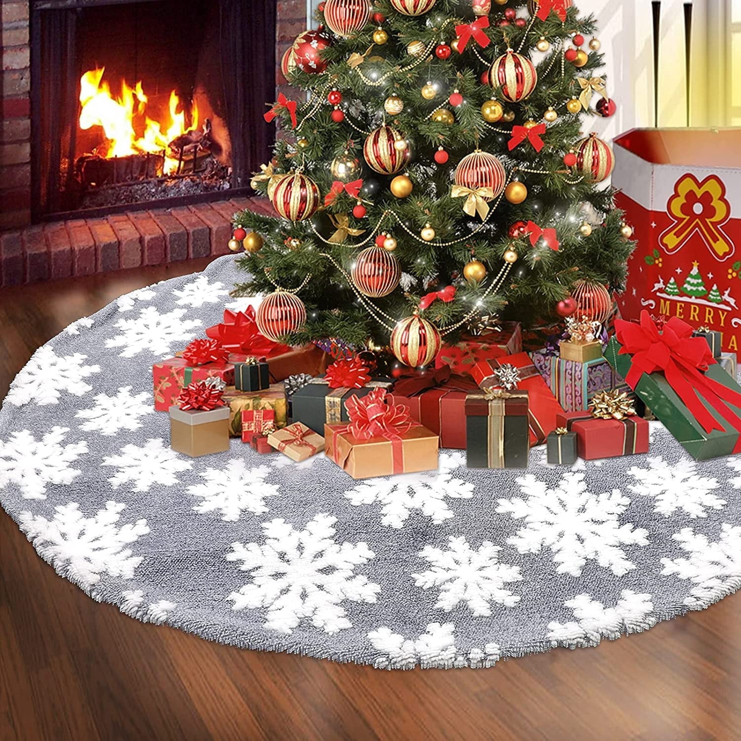 47Inch Christmas Tree Plush Skirt, White Snow Xmas Faux Fur Large Tree ...