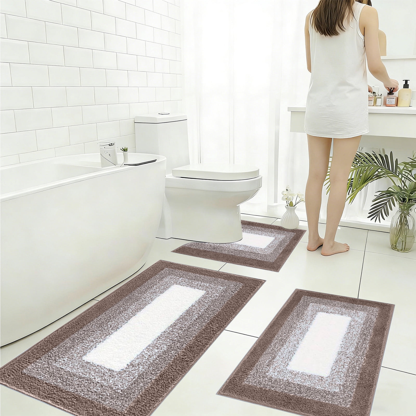 47in Microfiber Bathroom Rug Set 3-Piece U-Shaped Contours Non-Slide ...