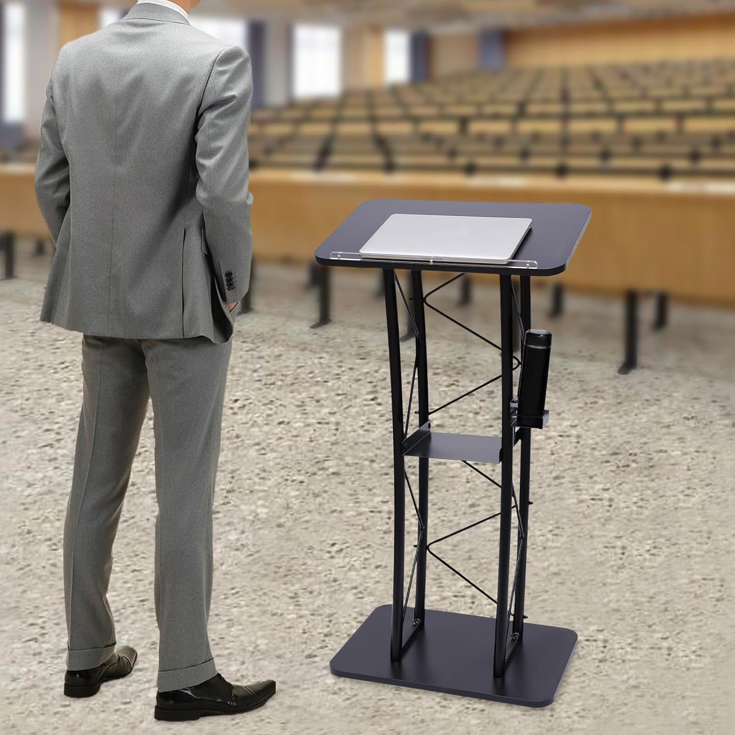 47inch Black Aluminum and Steel Truss Lectern with Curved Design and ...