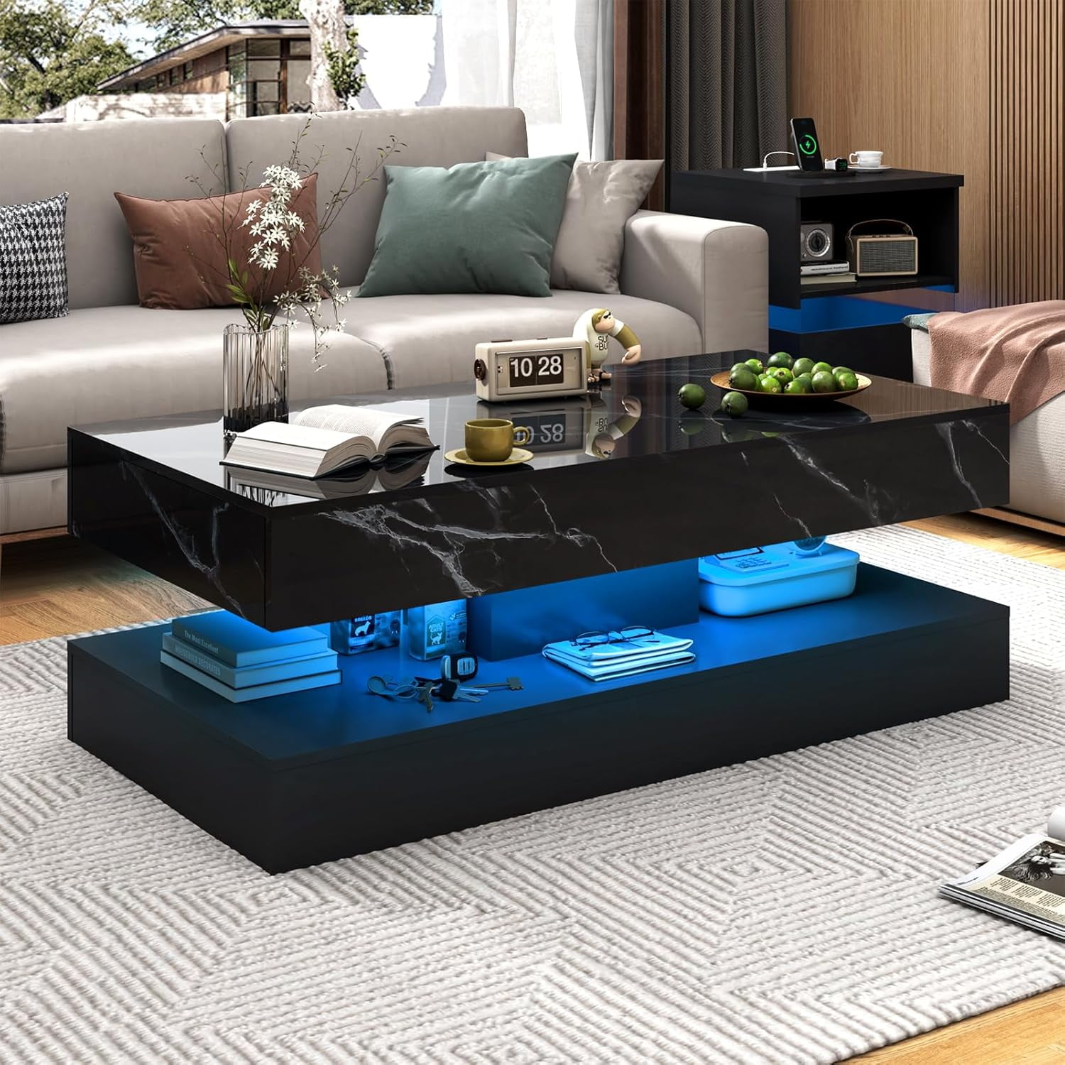 47inch Large High-Glossy LED Coffee Table with 2 Sliding Drawers ...