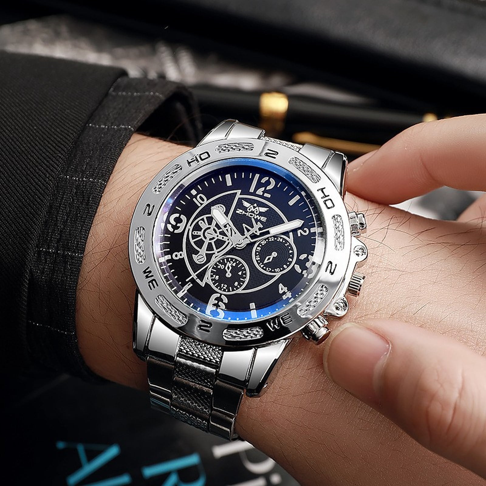 47mm Silver Dial Stainless Steel Business Watch, Sapphire Crystal Glass ...