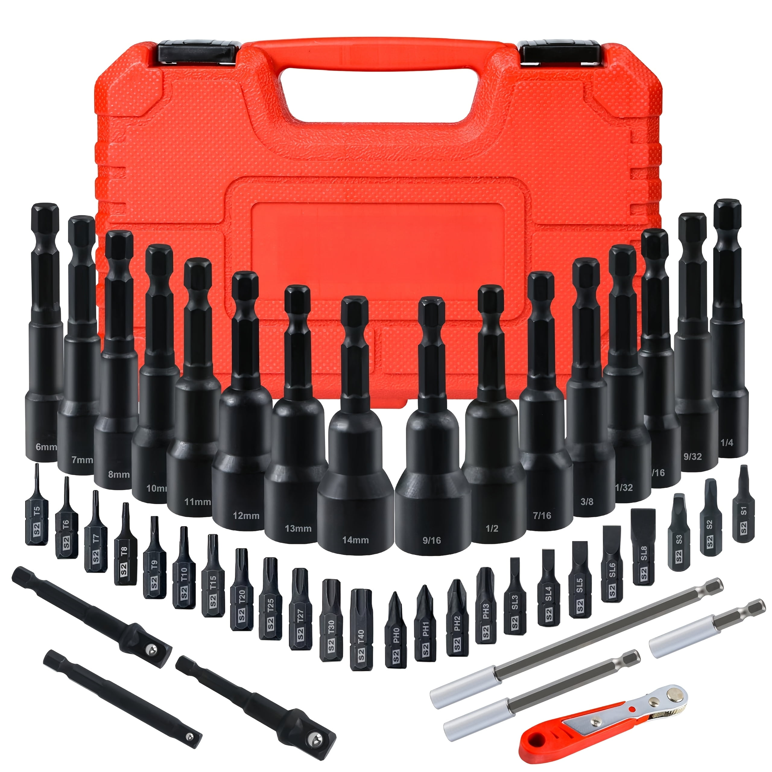 47pcs Magnetic Nut Driver & Screwdriver Bit Set SAE 1/4"-9/16" Metric 6 ...