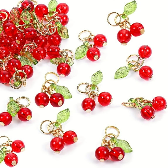 47pcs Red Cherry Glass Beads with Golden Capsule-like Caps & Green Leaf ...