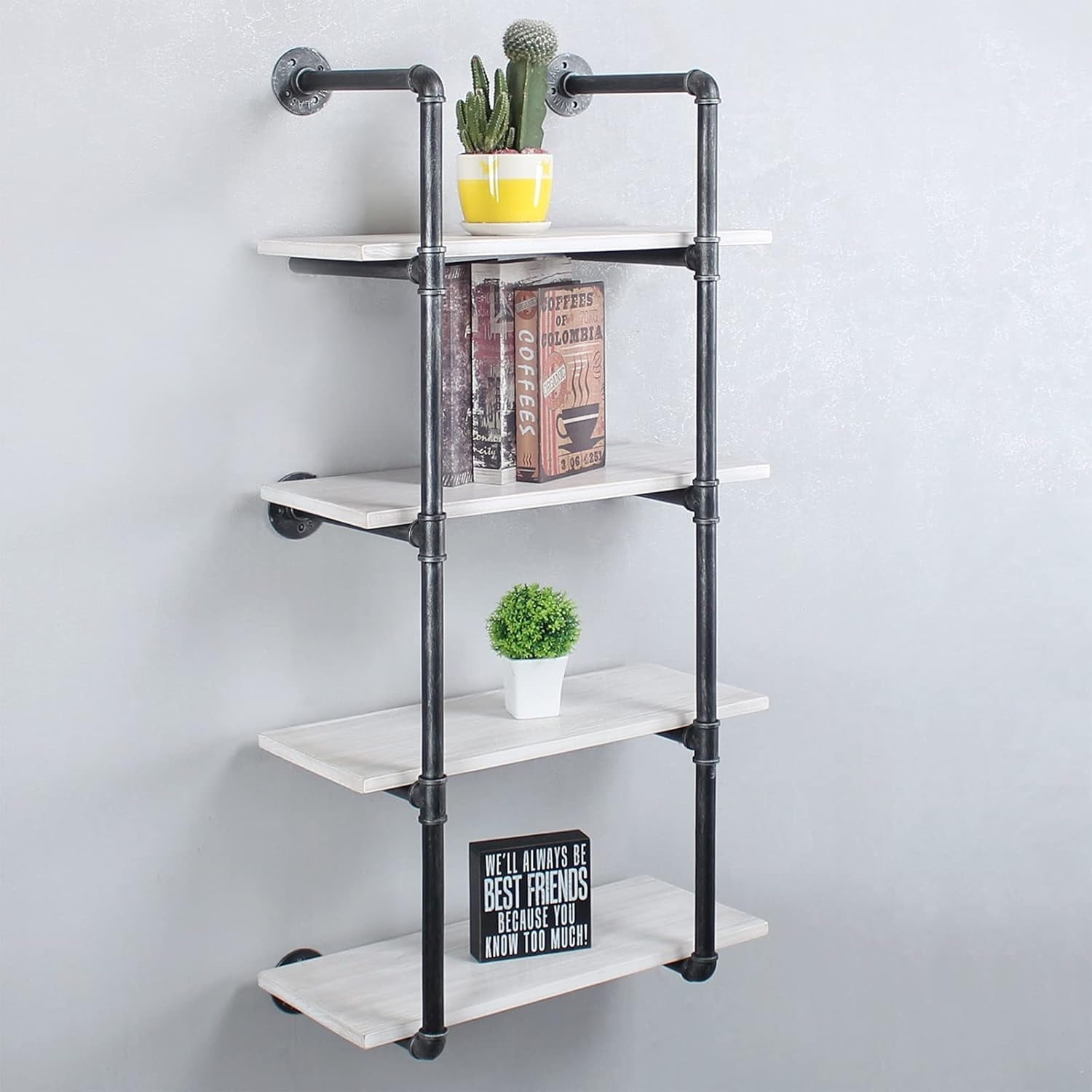 48" Industrial Pipe Bookshelf Wall Mounted 4 Tier Rustic Floating ...