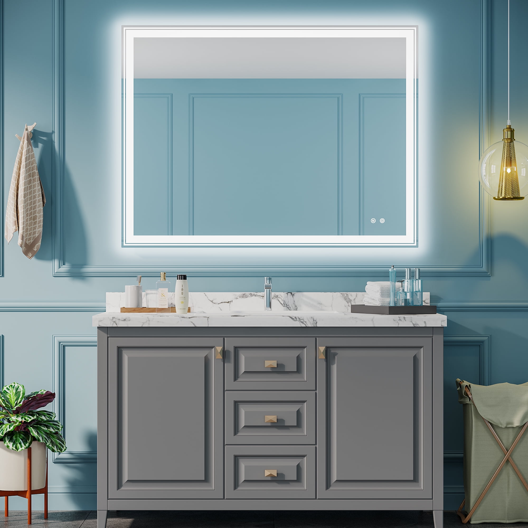 48×36 inch LED-Lit bathroom mirror, wall mounted anti-fog memory ...
