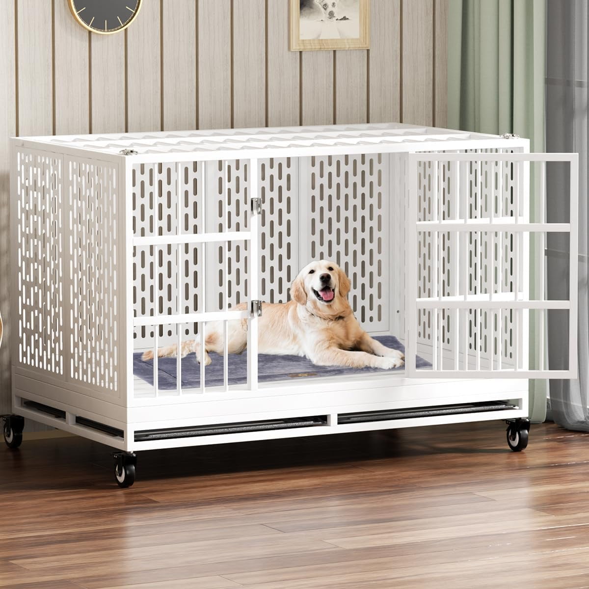48/42/38 Inch Heavy Duty Dog Crate with Wheels, Folding Metal Big Dog ...